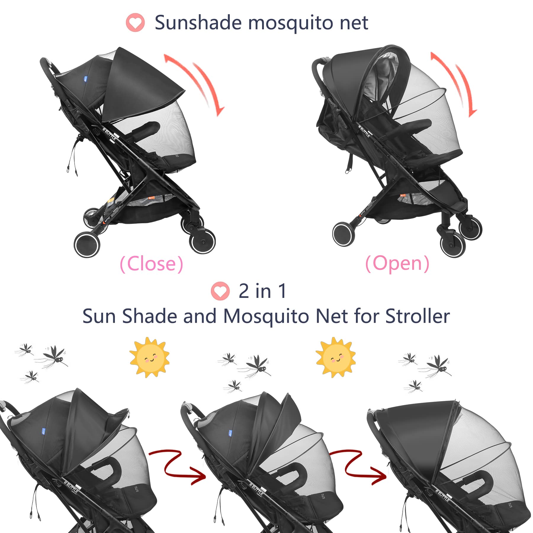 Stroller Sun Shade and Mosquito Net for Stroller ，Sun Protection Baby Mosquito Net Bug Insect Mesh Net Netting Mesh Cover for Strollers, Car Seat,Bassinet,Cradle （Gray）