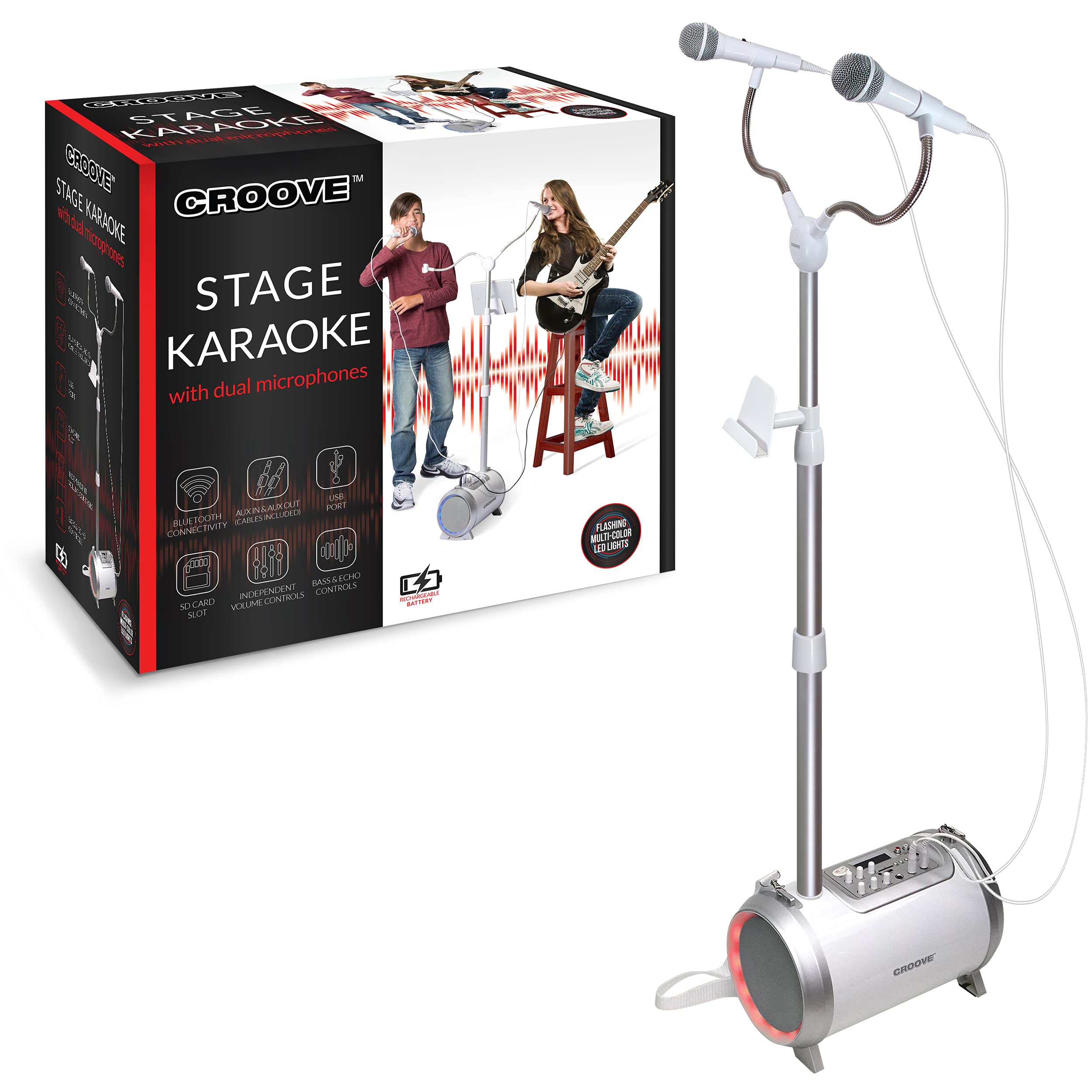 Karaoke Machine for Adults and Kids with 2 Microphones β Potable Karaoke Machine with Stand β Professional Wireless Machine Supports USB, AUX, SD, and Bluetooth