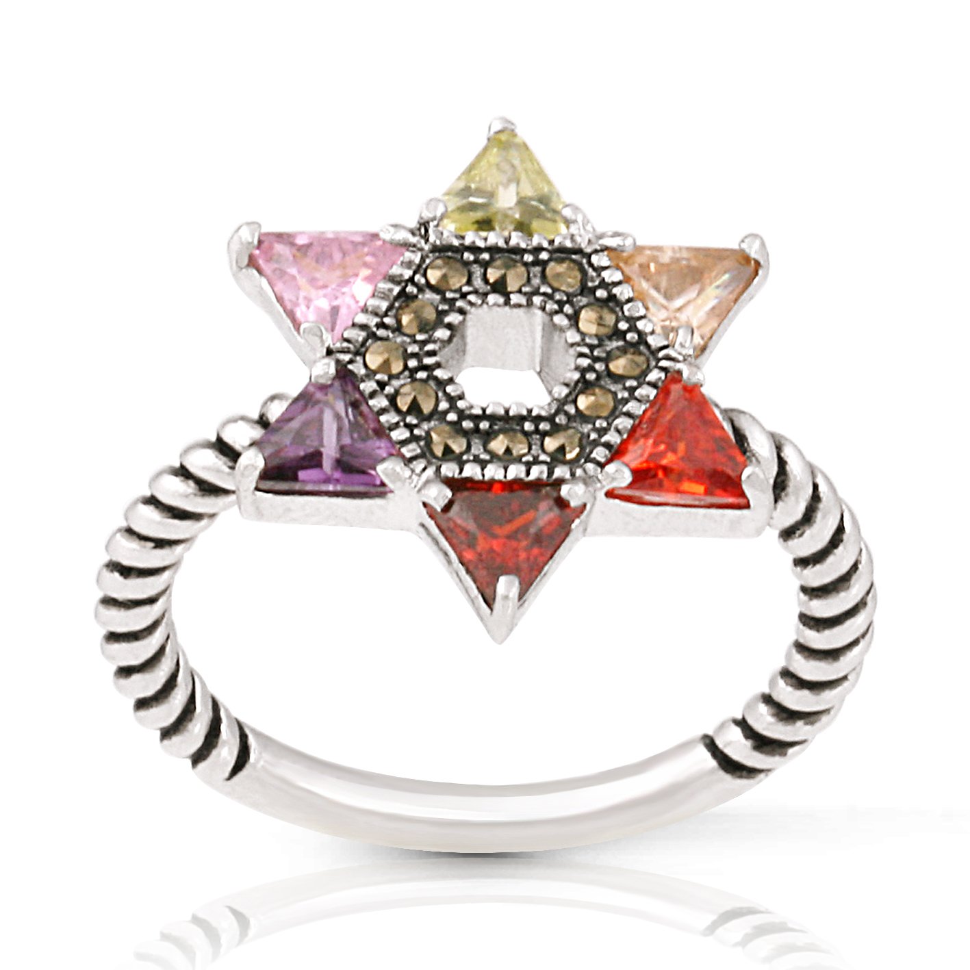 JanKuo Jewelry Rhodium Plated Multicolor Cubic Zirconia Jewish Star of David Twisted Rope Ring (6)