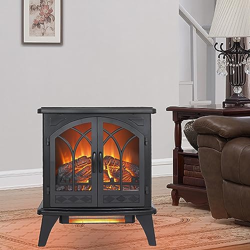 LKTART 24'' Electric Fireplace Infrared Stove 3D log Flame effect Freestanding Fireplace Heater with Remote Control Timer Adjustable Flame Effect Safety Protection 1500W /5018 BTU