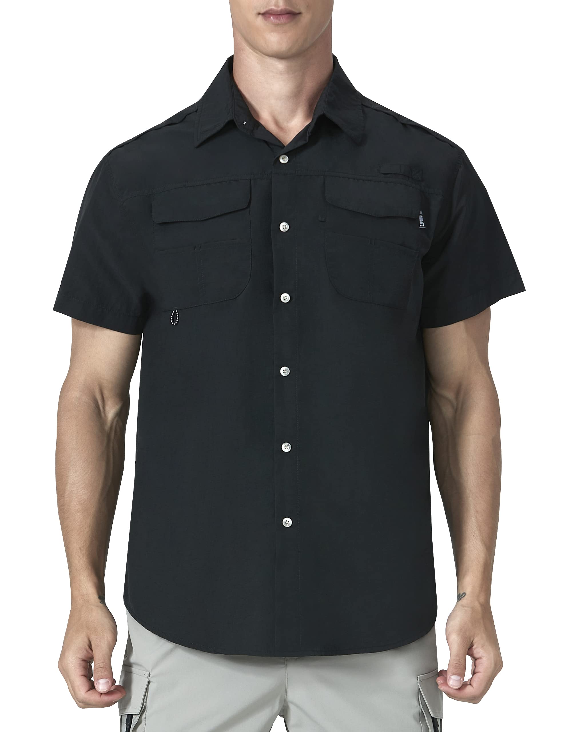 Mens Short Sleeve Fishing Shirts UPF 50+ Sun Potection UV Shirts for Hiking Button Down Shirts with Velcro Pockets for Work Black