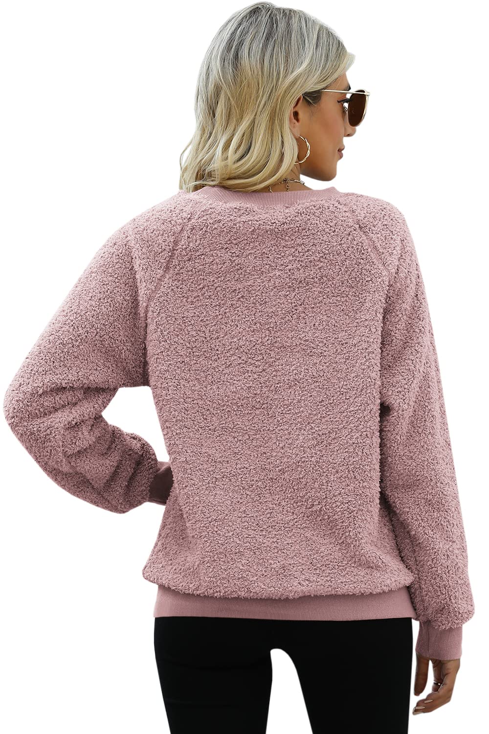 Panadila Women's Fuzzy Fleece Crewneck Sweatshirt Oversized Sherpa Pullover Top Casual Long Sleeve Shirts(01 Pink,S) PB5372306