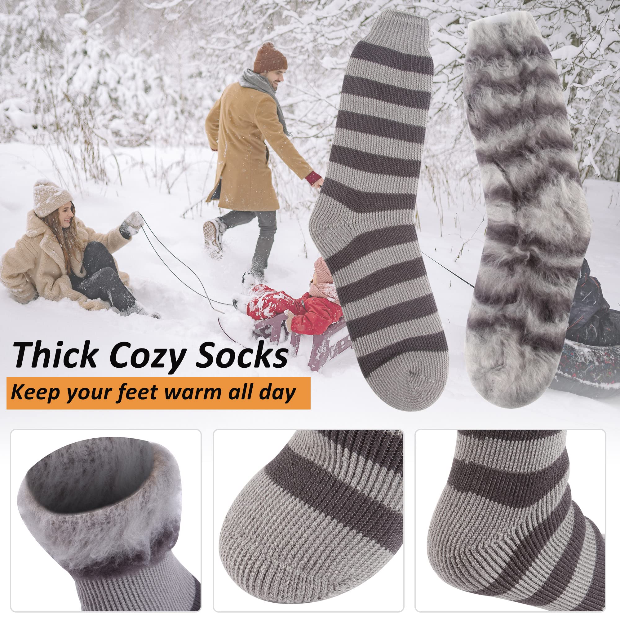 LANDUNCIAGA Men's Winter Thick Outdoor Warm Crew Socks Soft Comfort Cushion Boot Socks Bed Socks Extreme Cold Fleece Holder Socks, Large, Stripe Grey