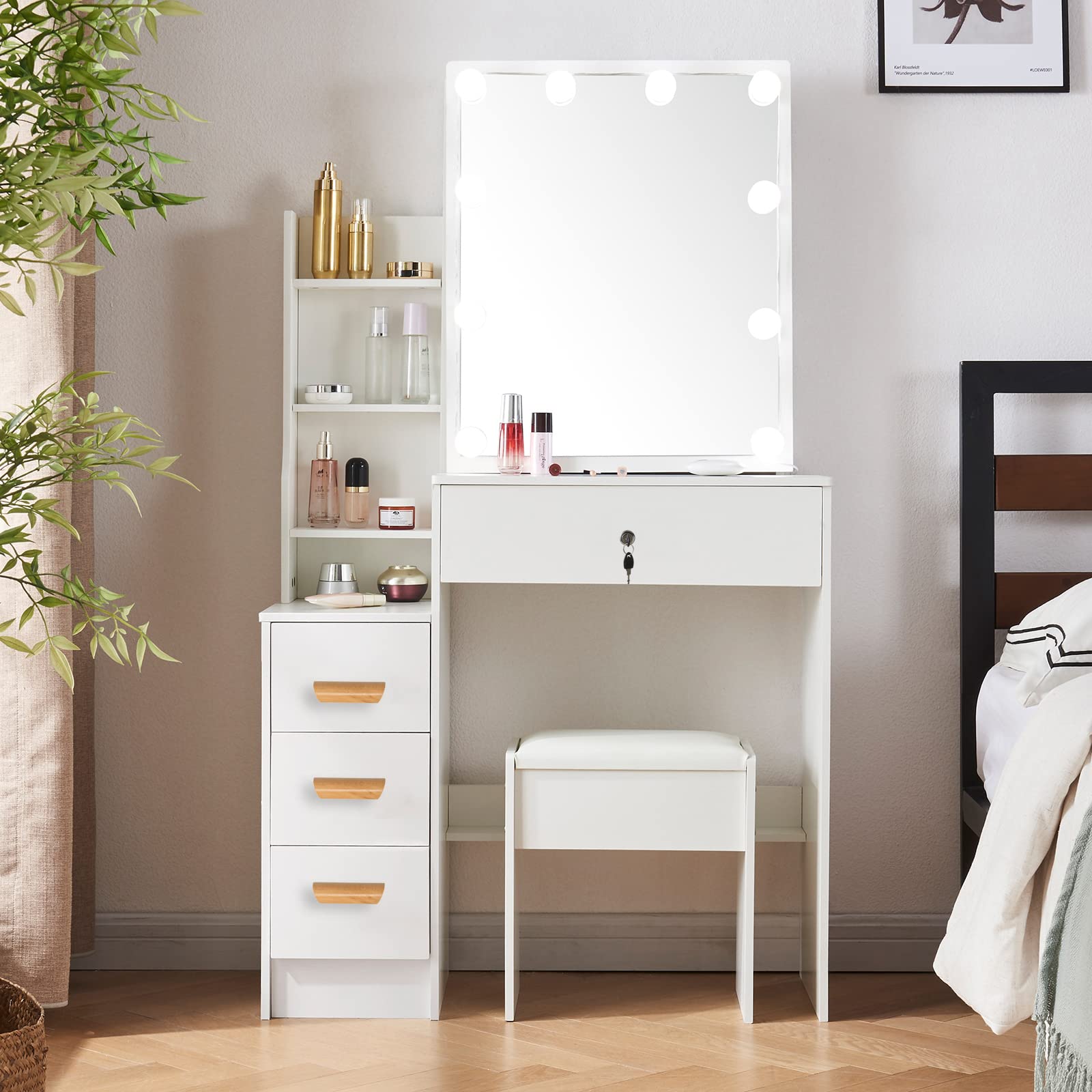Jansaimei Makeup Girls Vanity Desk Set with Lockable Drawers, Large Storage Capacity Dressing Table with Sliding Mirror, 3 Color Lighted Modes with Cushion Chair for Bedroom. White
