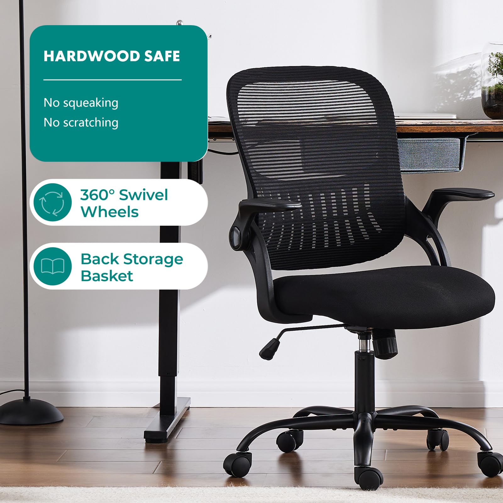 JHK Office Desk Computer Flip-up Armrests, Adjustable Height Mid Back Lumbar Support Padded Seat, Ergonomic Home 360° Swivel Rolling Rocking Mode Breathable Mesh Modern Executive Chair, Dark Black