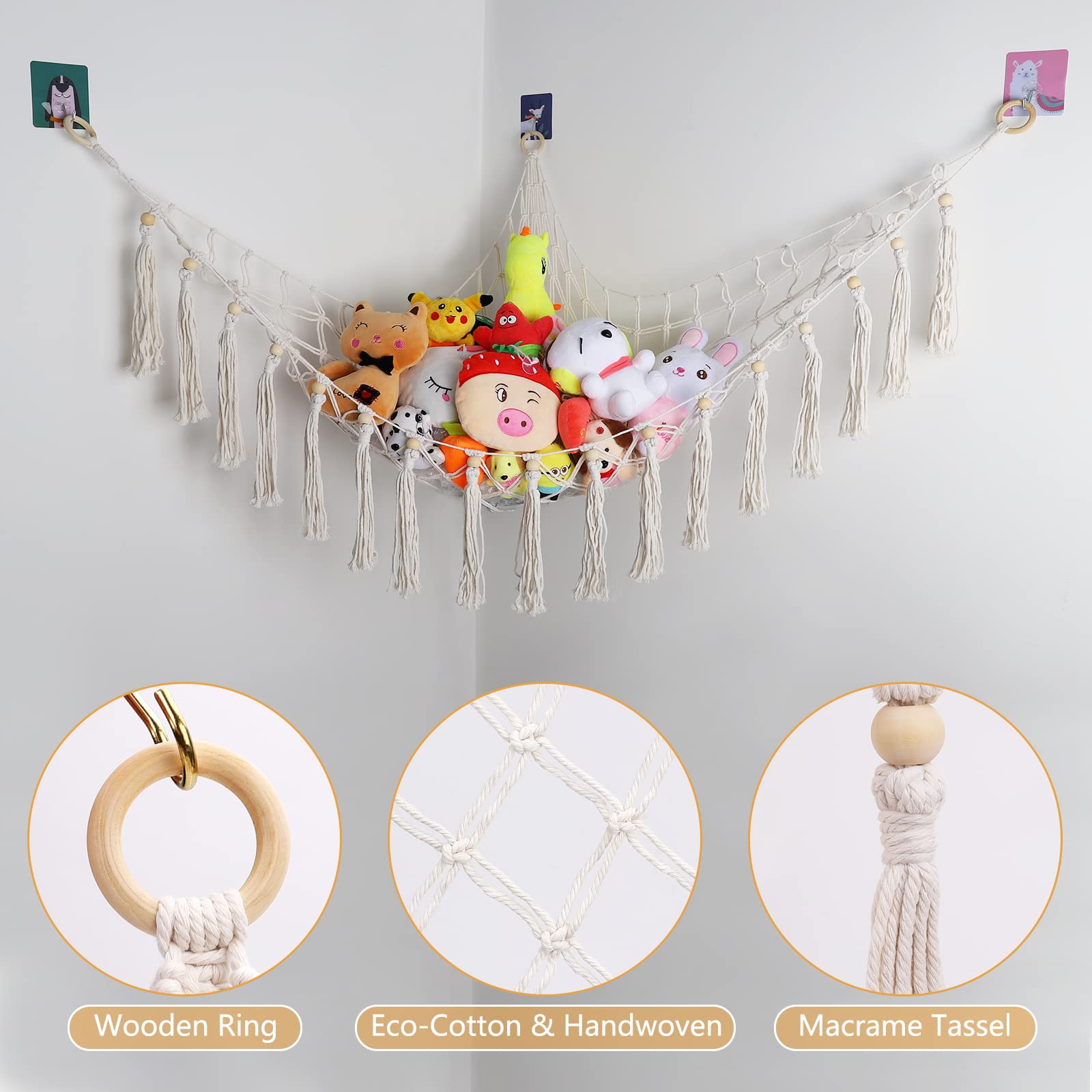 Stuffed Animal Hammock with Macrame Boho, Plush Toy Storage Net With Light, Pet Organizer Net For Corner, Hanging Net Holder for Kids Room, Bedroom Nursery Decor(Cream)