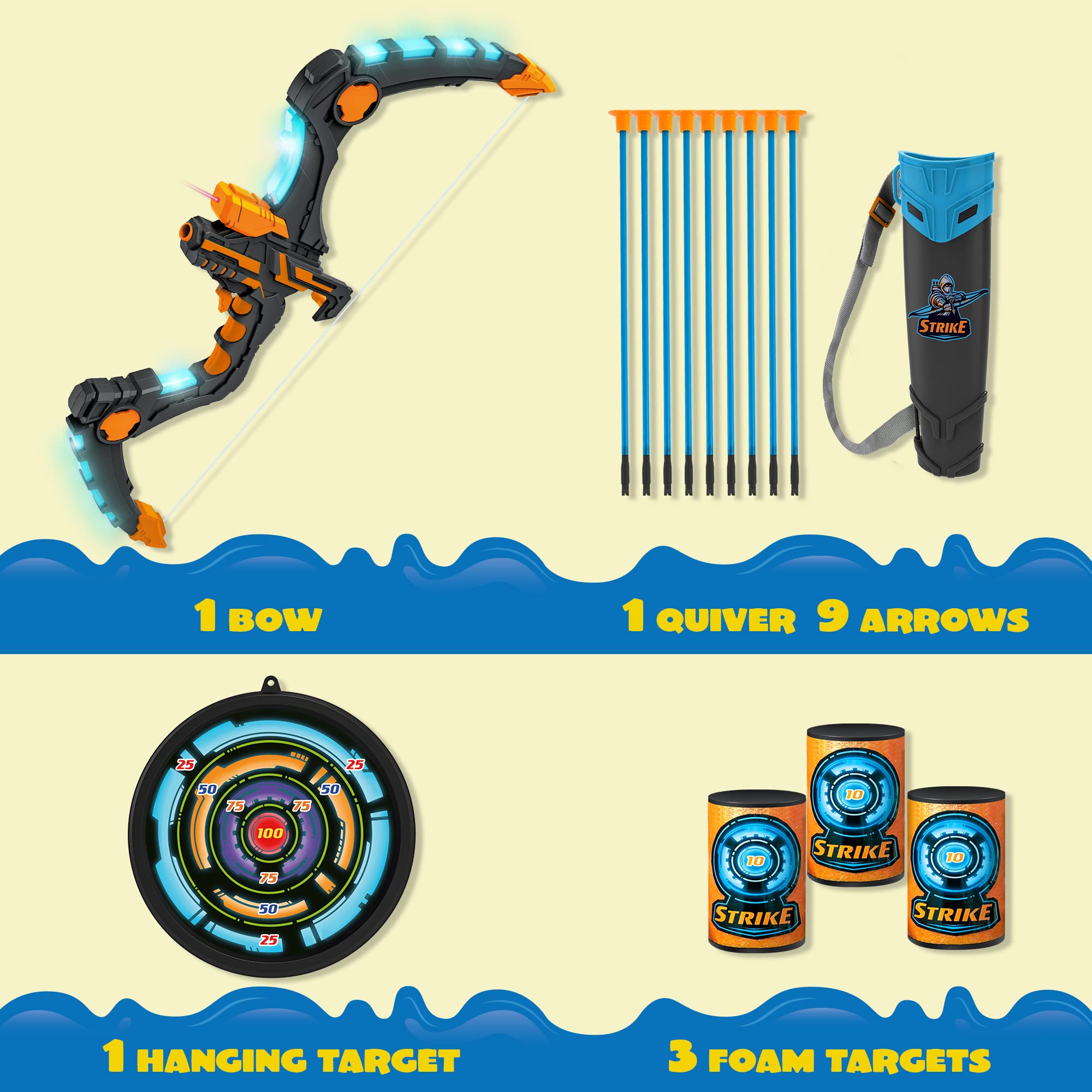 JOYIN Bow and Arrow for Kids with LED Flash Lights - Archery Bow with 9 Suction Cups Arrows, Target and Arrow Case for Outdoor Play (Black Blue)