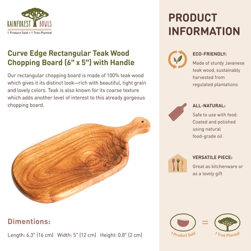 Rainforest Bowls 6"x5" Curved Edge Rectangular Javanese Teak Wood Cutting Board w/Handle- Ultra-Durable, Heavy Duty, Lasts Years w/Daily Use- Premium Style Handcrafted by Indonesian Artisans
