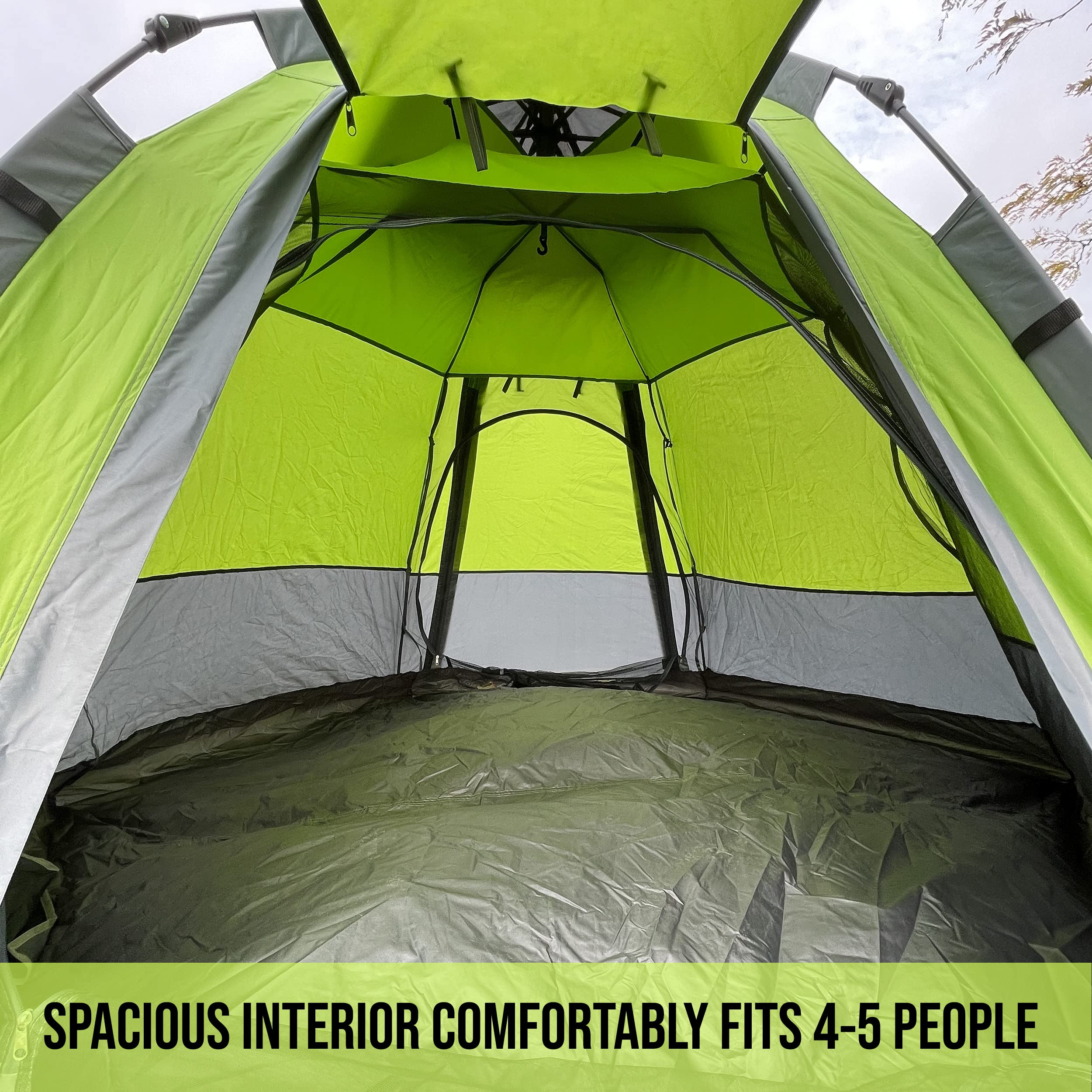 NEH 5 Person Instant Automatic Camping Tent Waterproof Double Layered Fabric, Portable Hexagon Tent with Carry Bag, Green, 8.9'L x 8.9'W x 5.25'H