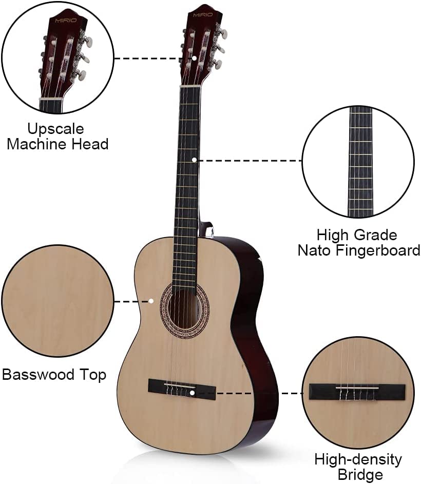 MIRIO 39 Inches Classical Guitar Full Size Beginner Acoustic Build-in Pickup Kit Set, Natural
