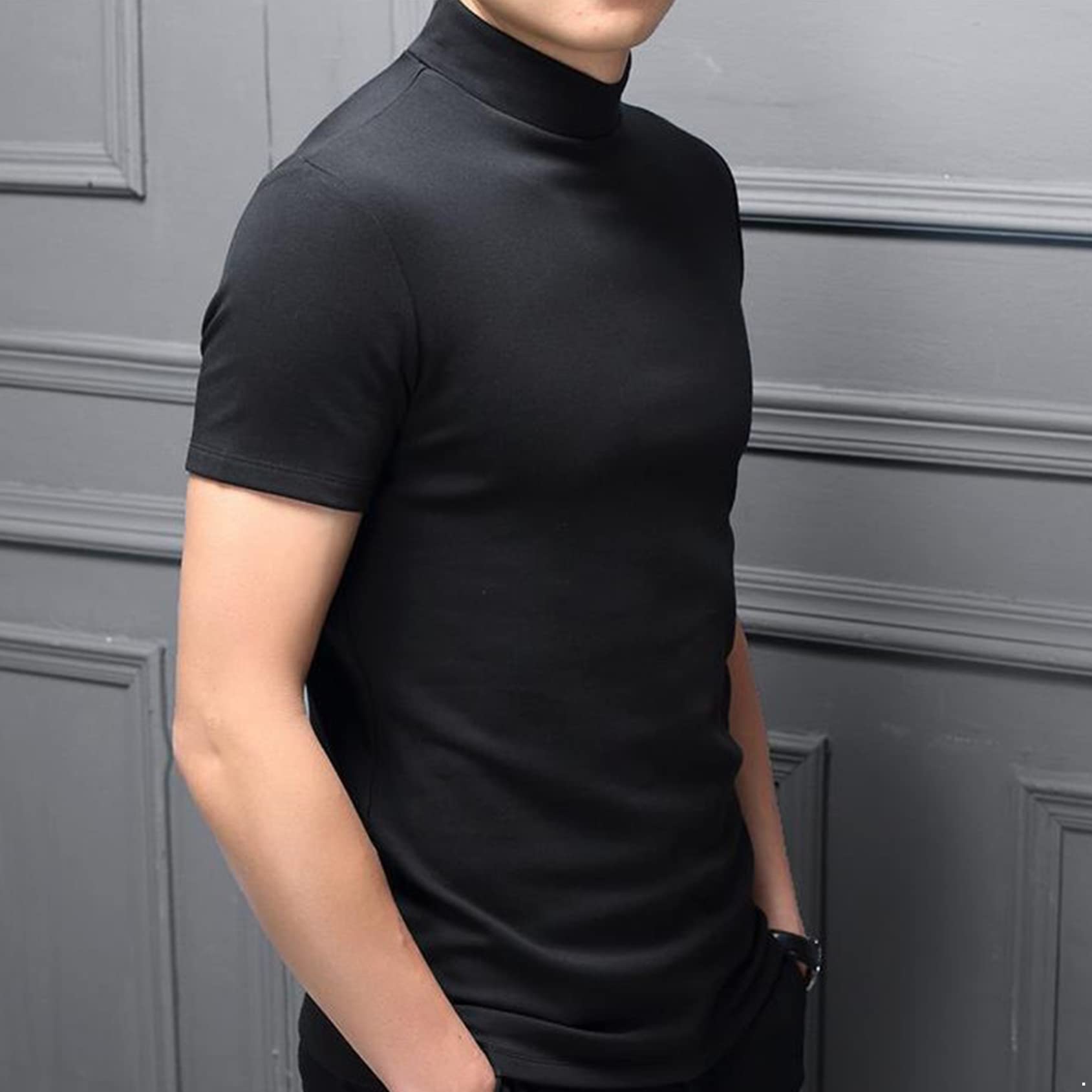 Men's Mock Neck Short Sleeve T-Shirt Half Turtleneck Casual Undershirt Basic Slim Lightweight Tee Burgundy Medium