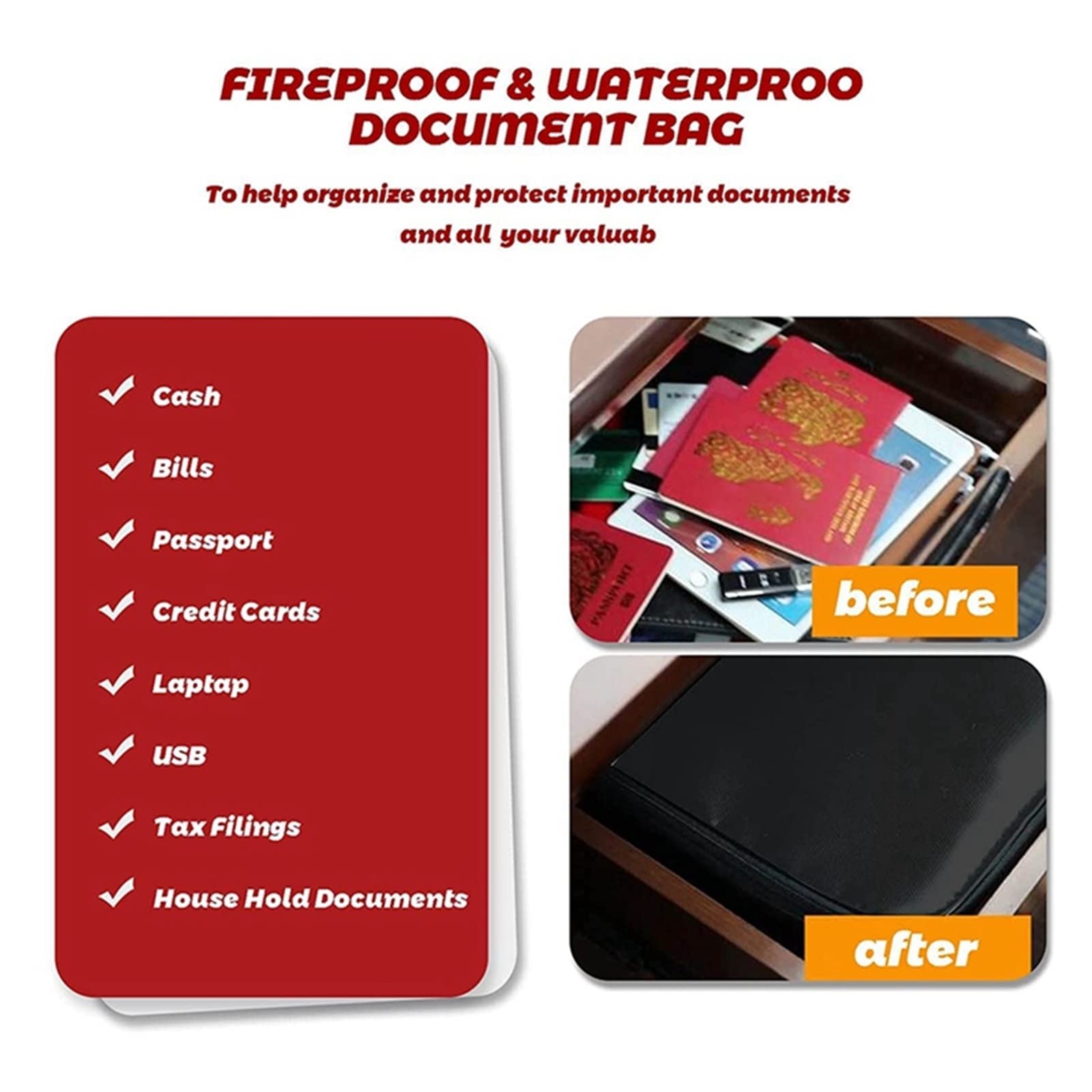 PRVDV Moving Boxes Medium Fireproof File Organizer Bags,Fireproof and Waterproof Document Box with Money Bag, Fireproof Safe Bag with Lock