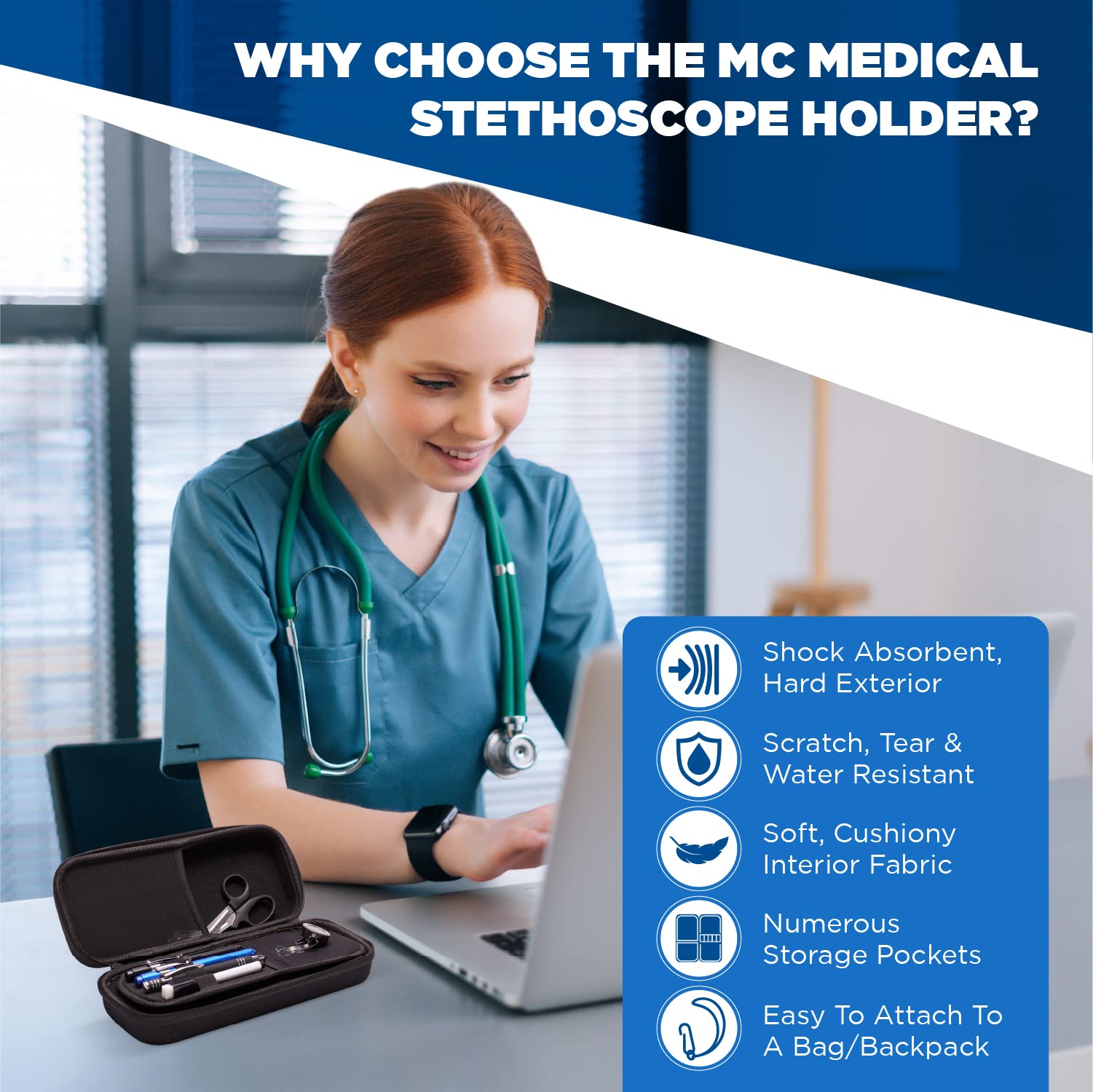 MC Medical Hard Protective Stethoscope Case With Accessories For 3M Littmann Stethoscope, MDF, Omron & More-Includes Badge Reel, Dry Erase Marker, Stylus Ballpoint Pen, Nurse Shears & Pen Lights