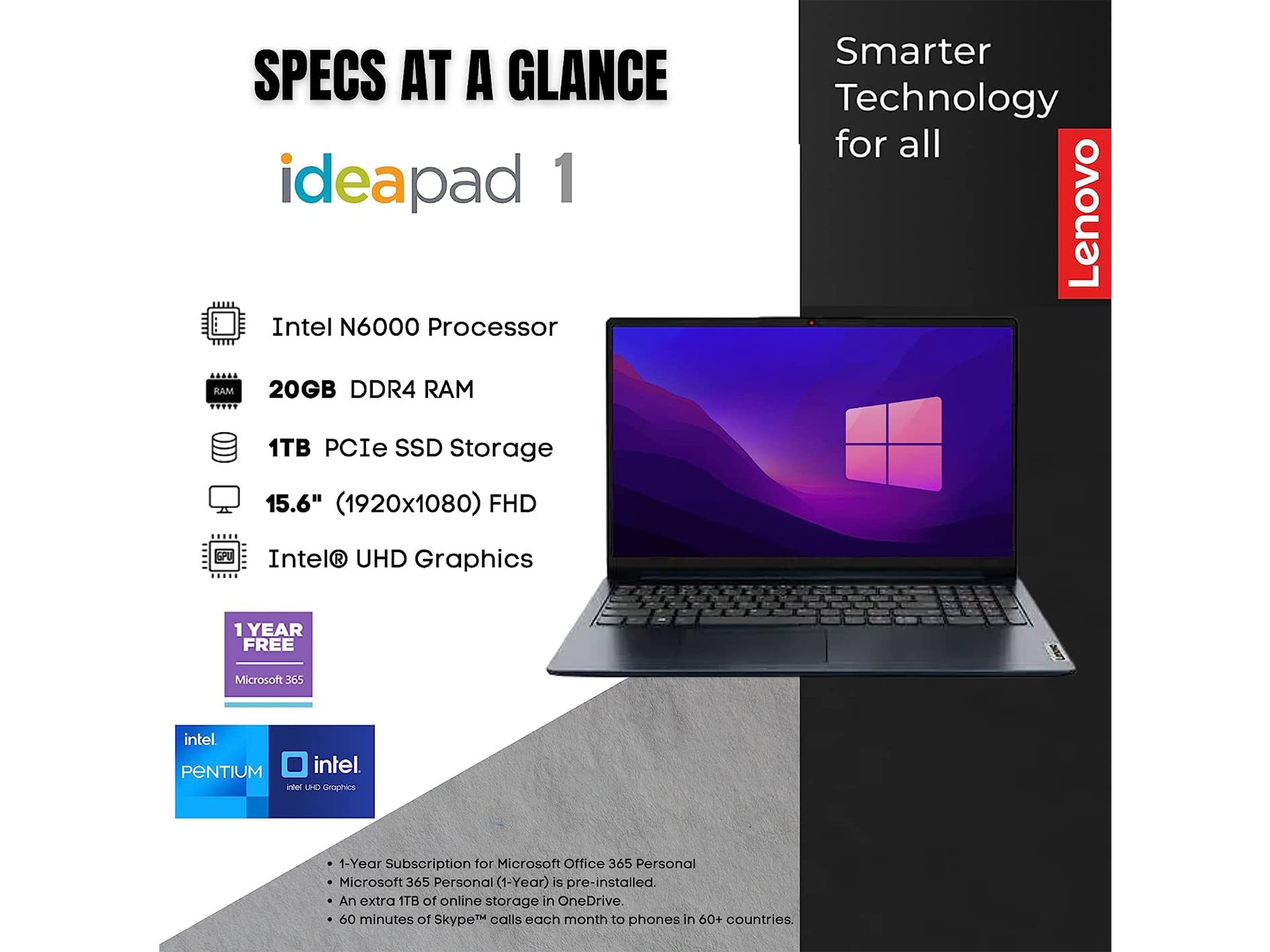 LENOVO 2022 Ideapad 1 15.6" FHD Laptop, Intel Pentium Silver N6000 Processor, 20GB RAM, 1TB SSD, Intel HD Graphics, HD Webcam, Wi-Fi 6, Win 11, 1 Year Office 365, 32GB SnowBell USB Card