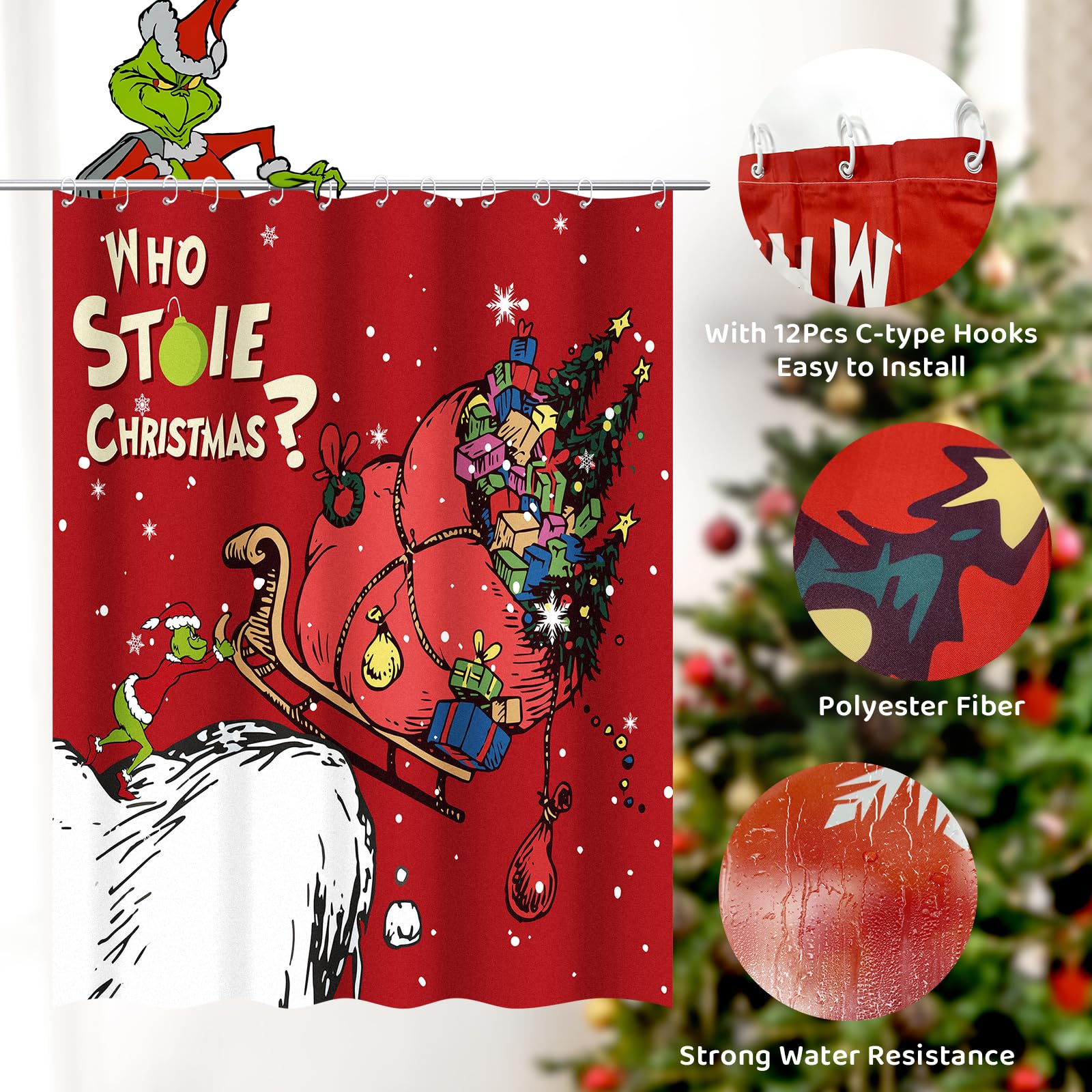 Jyumini 4Pcs Christmas Shower Curtain Sets with Non-Slip Rugs, Toilet Lid Cover and Non-Slip U Shape Bath Mat, Bathroom Sets with 12 Hooks Xmas Holiday Home Decor
