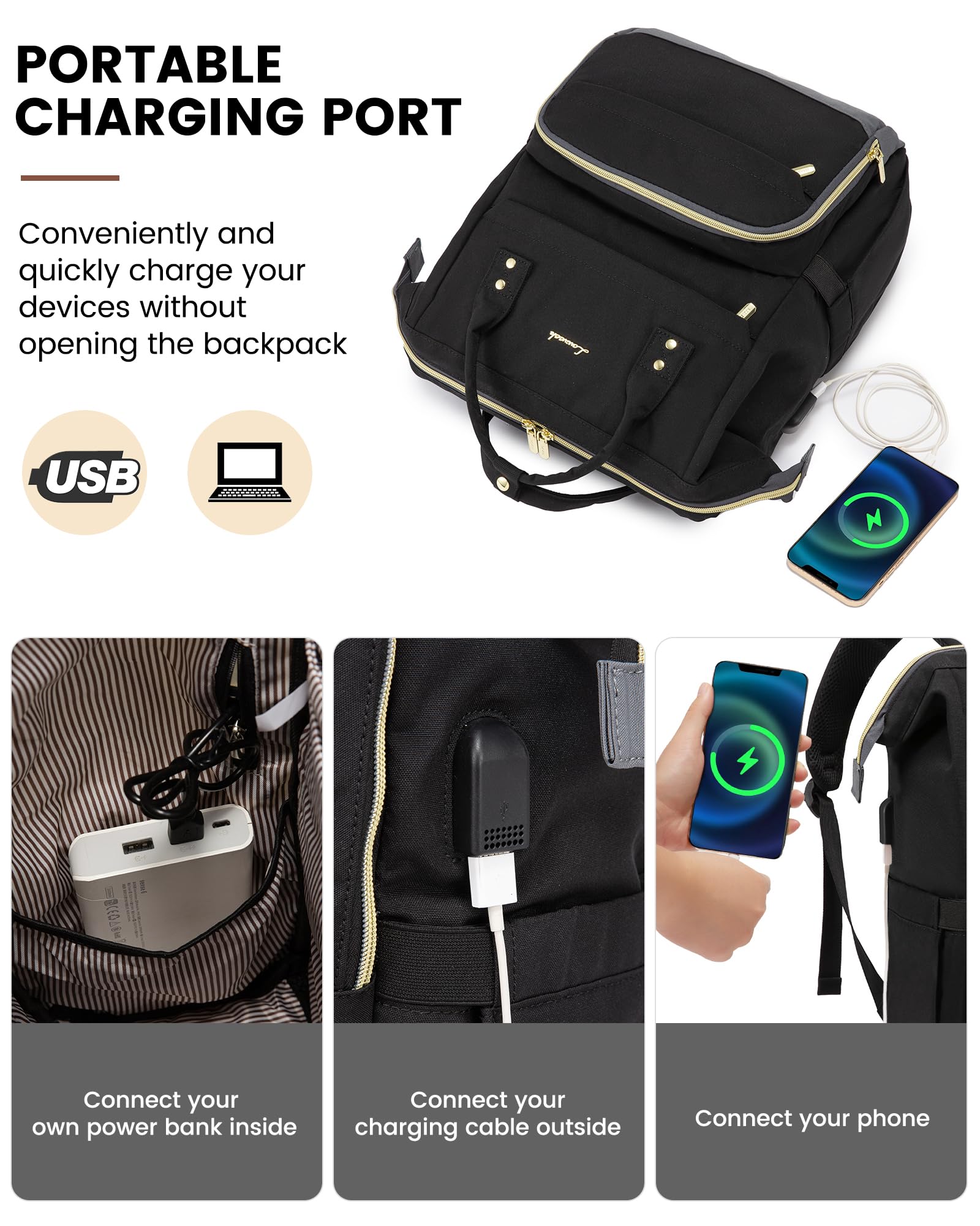 LOVEVOOK Laptop Backpack Women,15.6 Inch Wide-open Travel Computer Backpack Purse for Women with USB Port,Waterproof Teacher Nurse Work Laptop Bag College Back Pack,Black-Grey