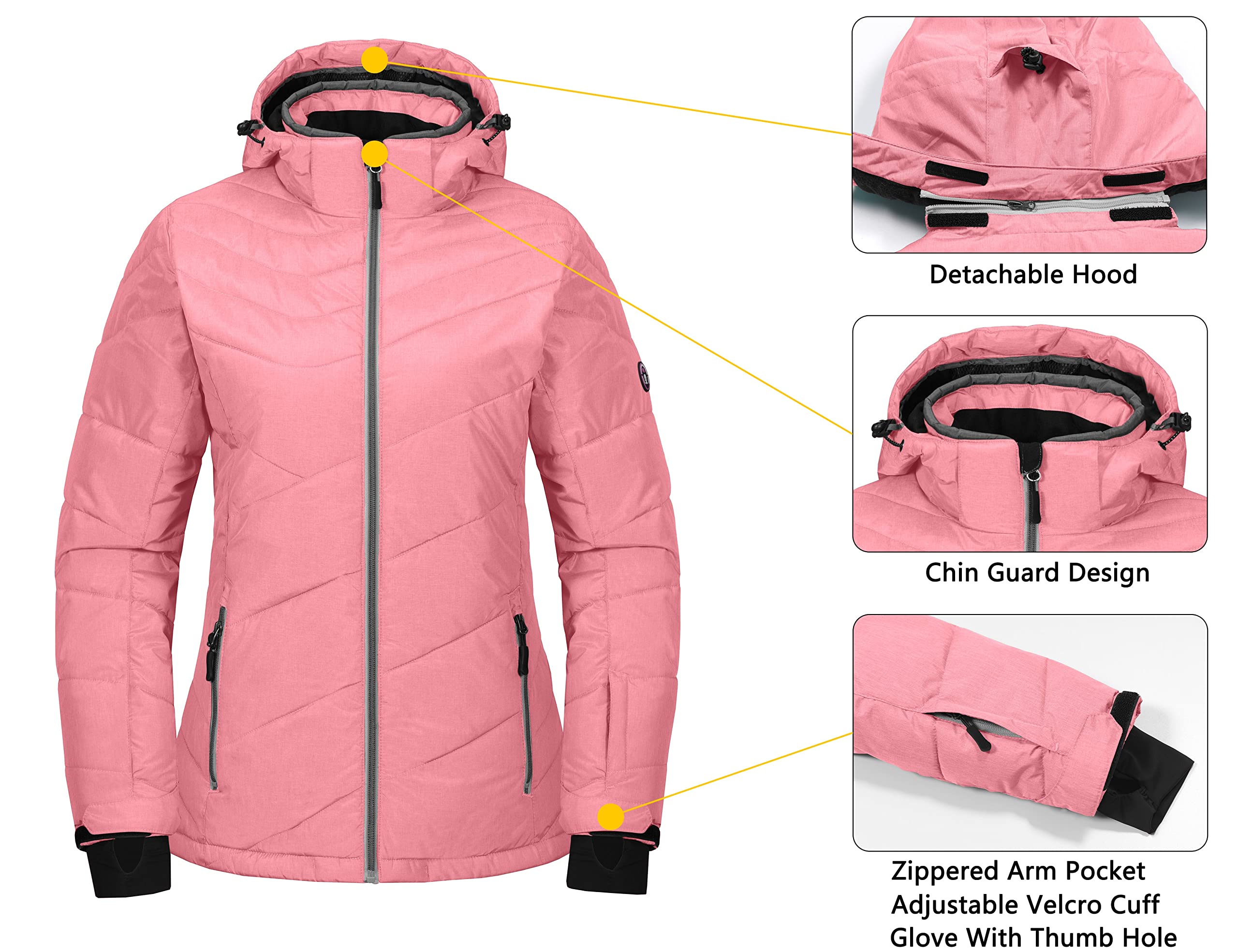 Little Donkey Andy Women's Warm Windproof Ski Insulated Jacket Water Repellent Winter Snowboarding Snow Coat With Detachable Hood Pink M