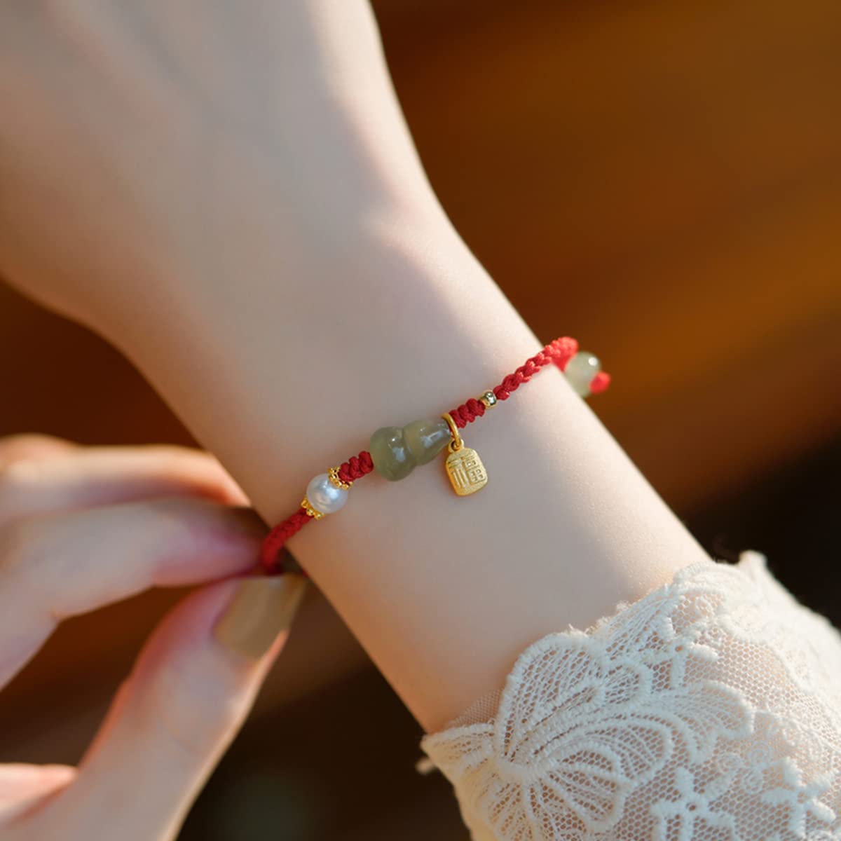 Qordelia Red String Hetian Jade Gourd and Fu Character Pendant Freshwater Pearl Bracelet, Adjustable