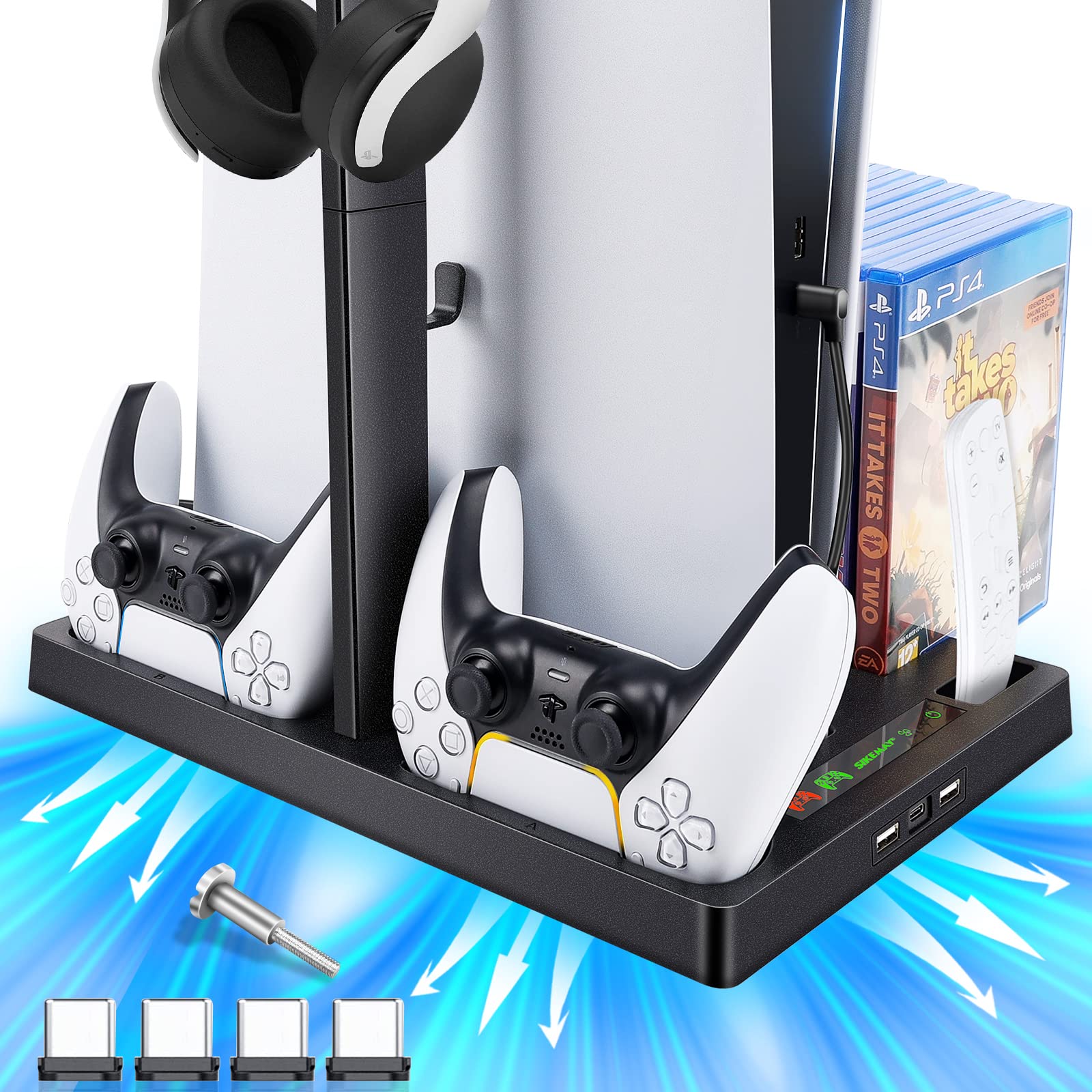 PS5 Slim Stand with Cooling Station&Controller Charging Station, SIKEMAY PS5 Slim Vertical Stand or PS5 Slim Console with Headset Holder