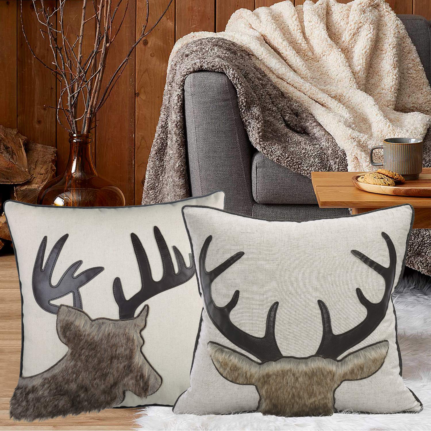Little Funny Deer Throw Pillow Covers Farmhouse Deer Head Couch Pillow Decorative Linen Fur Deer Throw Pillow Case for Bed, Sofa, 18x18 Inch (Pack of 2)