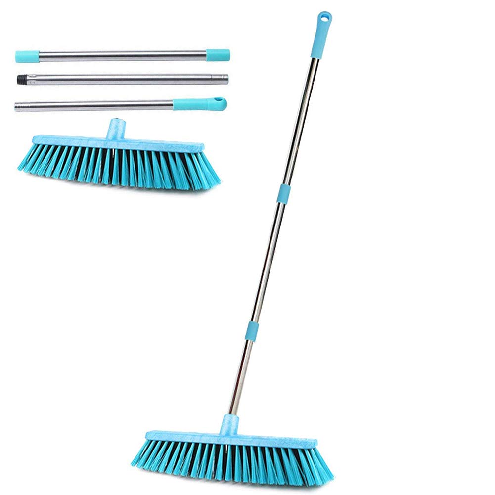 KMAKII Long Handle Push Broom 18 Inches Floor Scrub Brush Head 50 Inches Adjustable Stainless Steel Handle Outdoor Broom for Yard,Garden,Garage and Deck.
