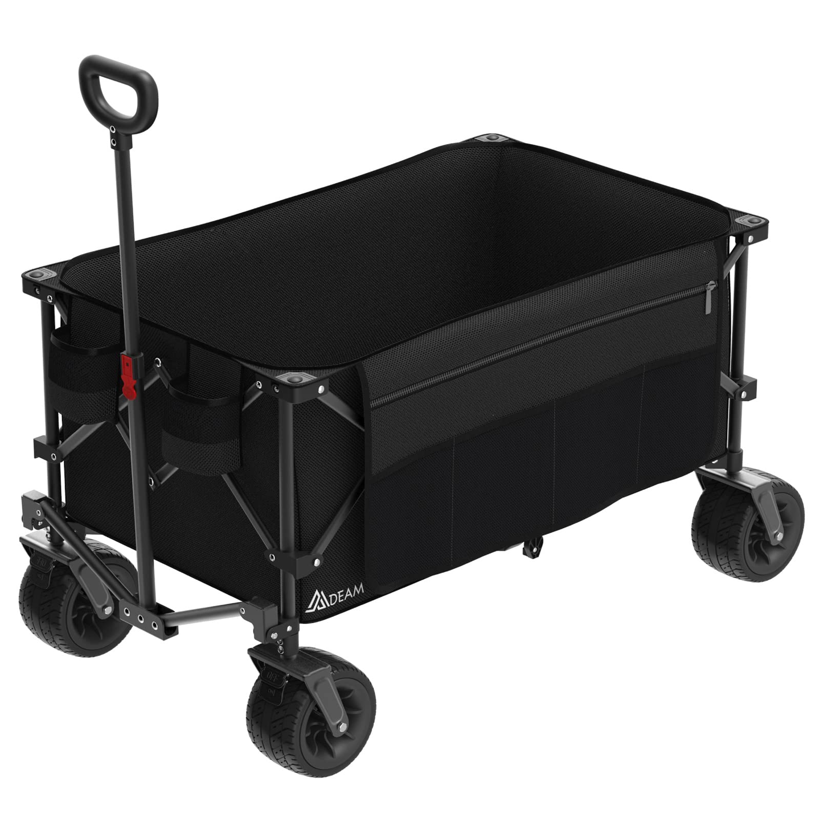 MDEAM Folding Collapsible Wagon,Large Capacity Outdoor Wagons Carts Heavy Duty Foldable Utility with Big All-Terrain Wheels &2 Side Pocket for Camping,Sports(Black)