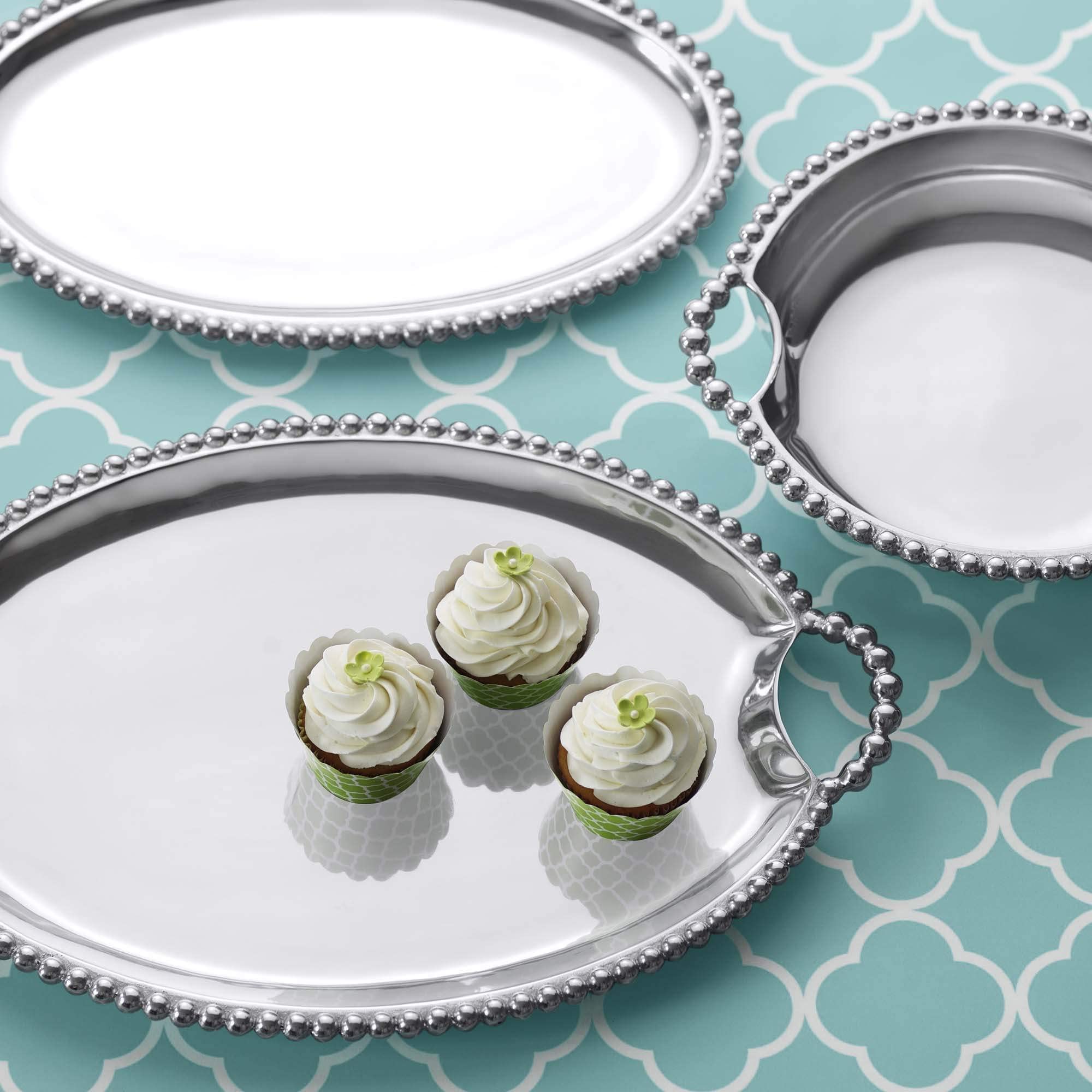 Mariposa Pearled Large Oval Platter Tray, One Size, Silver