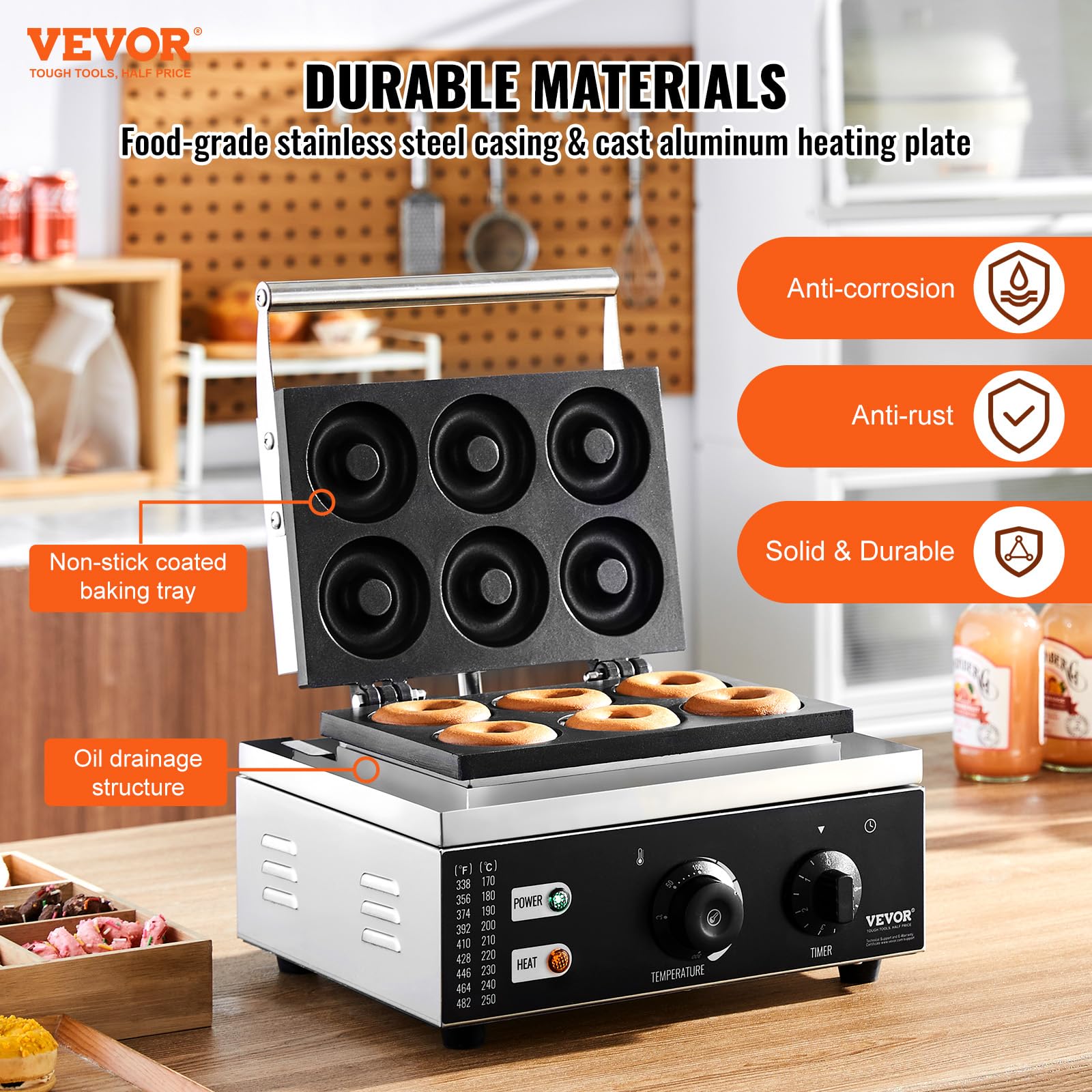 VEVOR Electric Donut Maker, 1550W Commercial Doughnut Machine with Non-stick Surface, 6 Holes Double-Sided Heating Waffle Machine Makes 6 Doughnuts, Temperature 122-572β, for Restaurant and Home Use