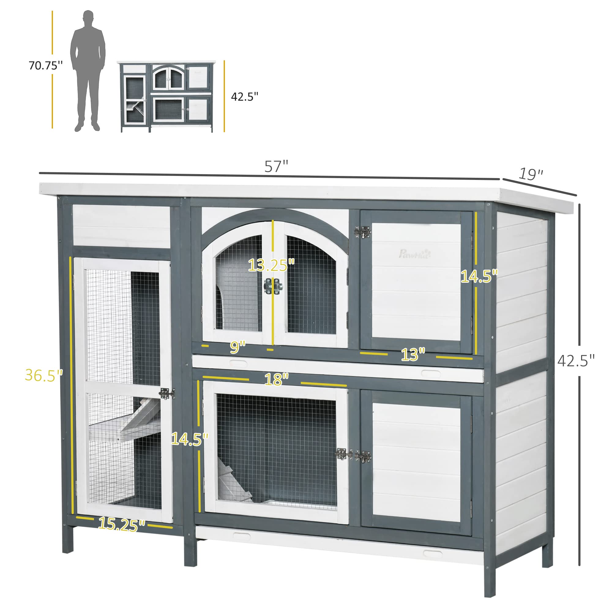 PawHut 57" Cute Rabbit Hutch with Triple Stories, Large Rabbit Cage with Decorative Look, Wood Outdoor or Indoor Rabbit Hutch