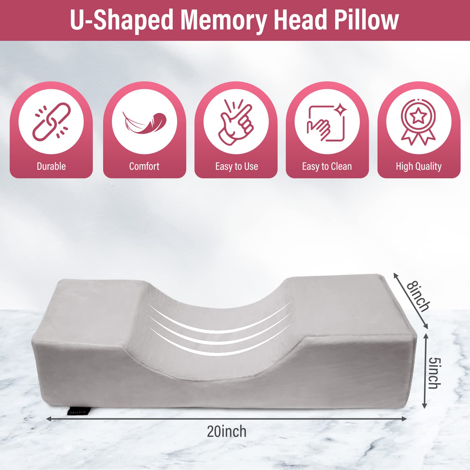 SAILFIN Lash Pillow for Lash Extensions, Eyelash Extension Pillow, Lash Bed Pillow, Memory Foam Lash Neck Pillow for Lash Extensions (Gray)