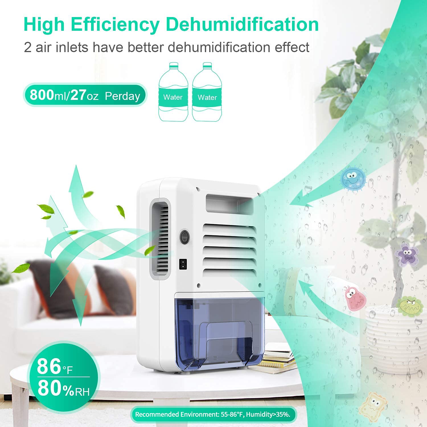 KTPOWER Dehumidifiers for Home 3200 Cubic Feet (500 sq ft), Compact and Portable 2000ml (68 oz) for High Humidity, Quiet Dehumidifiers for Bedroom, Basements, Bathroon, Kitchen, Garage, Auto Shut off