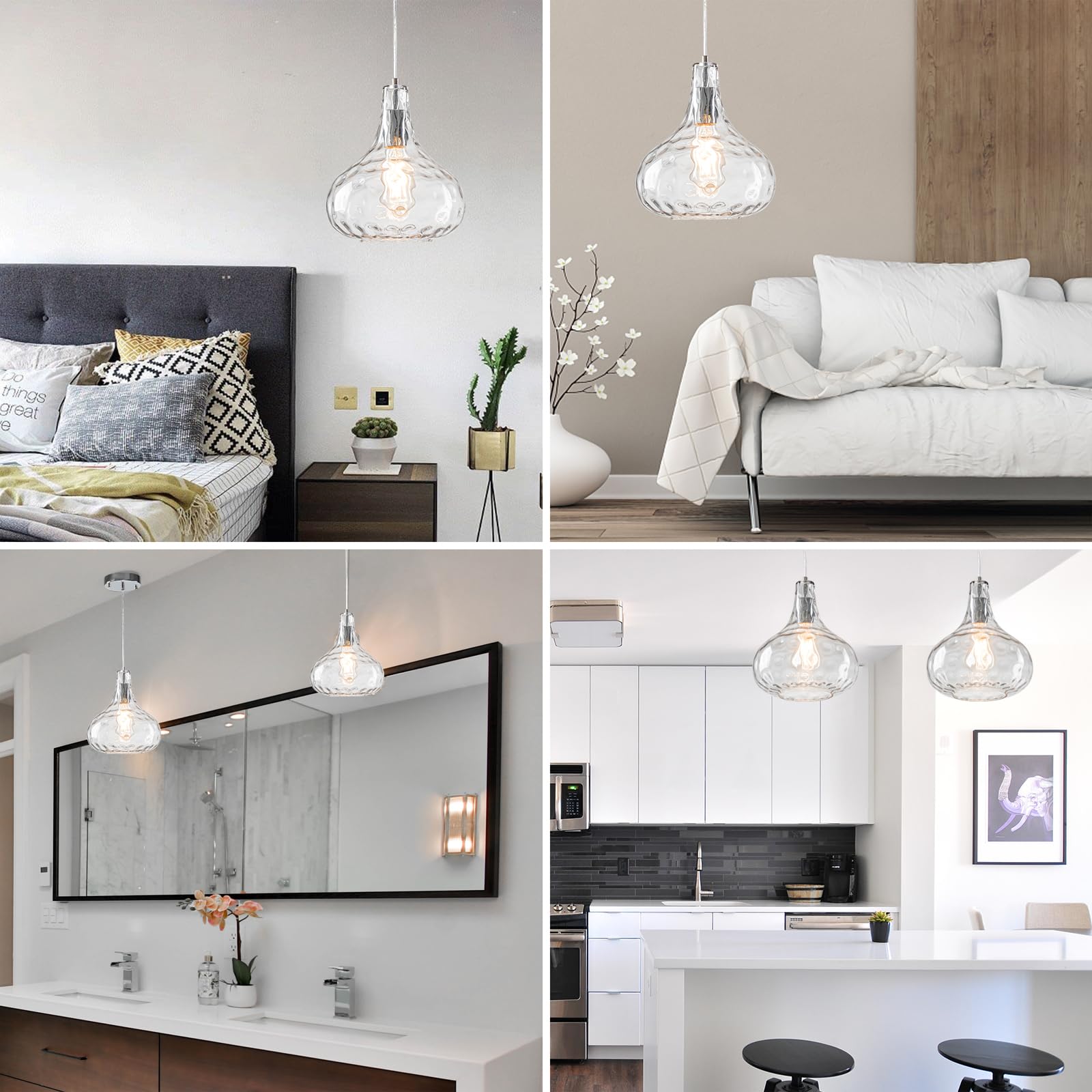 kelary Glass Pendant Light Hammered Clear Pendant Lighting Adjustable Glass Light Ceiling Fixture for Hallway, Kitchen Sink, Dinning Room, Living Room 2packs