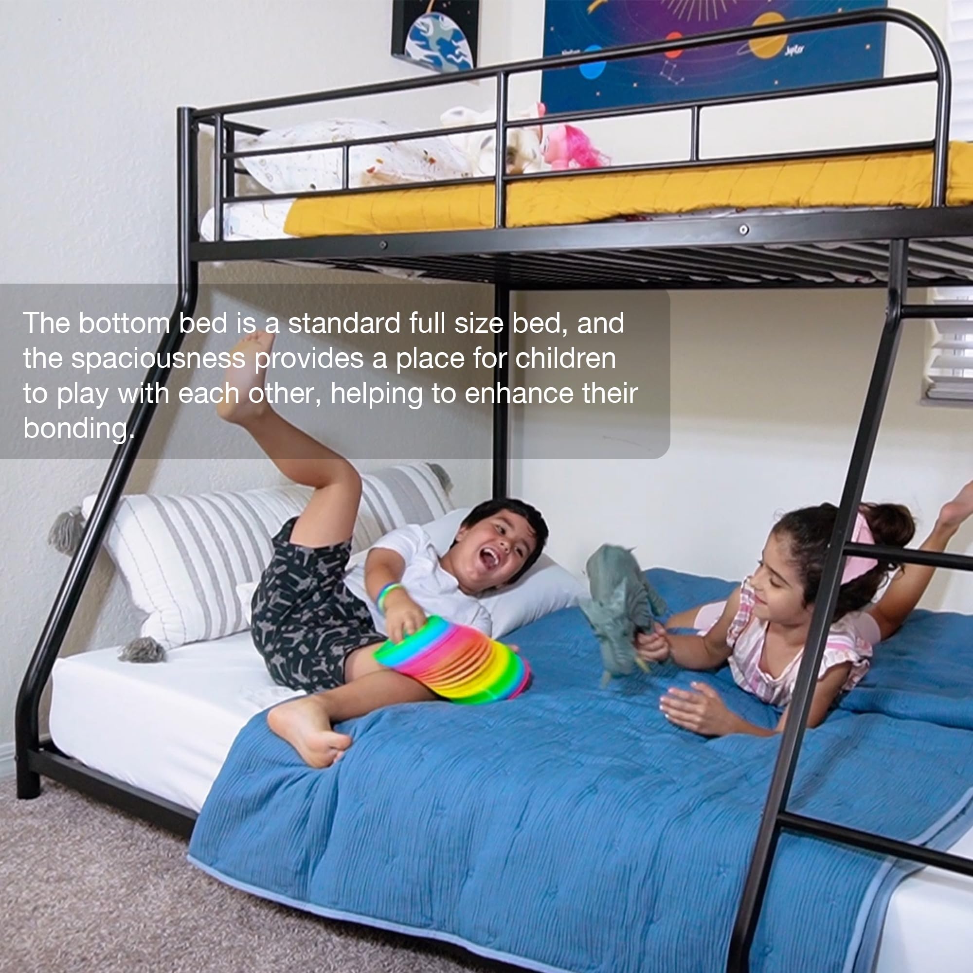 HUAYICUN Bunk Bed Twin Over Full Size with Ladder, Twin over Full Bunk Bed and Full-Length Guardrail, No Box Spring Needed, Noise Free