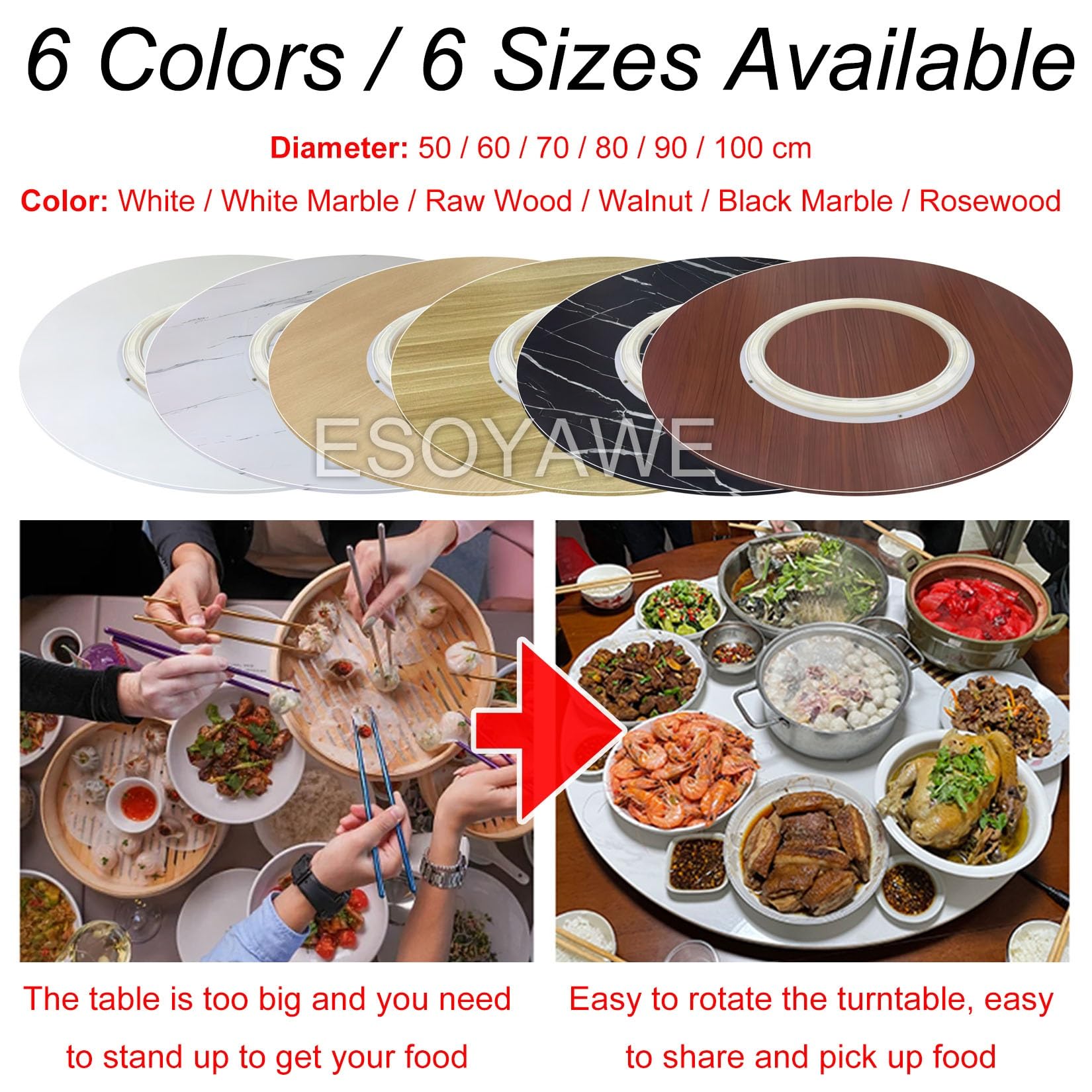 Lazy Susan Dining Table Turntable Tabletop Rotating Serving Tray, Diameter Ø 20" 24" 28" 32" 36" 39" Round Wooden Rotating Service Plate, For Restaurants, Kitchens