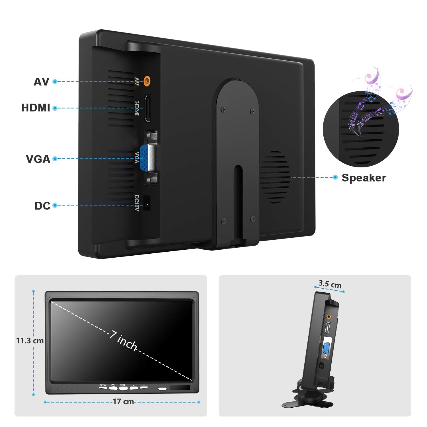 kuman 7 Inch Monitor HD Display 1024x600 IPS Screen for Raspberry Pi 4 B 3 2B B 1 B+ A+ with HDMI VGA Input, Built in Speaker for DVD VCR Car Remote SC7J, Black (SC7J-US)