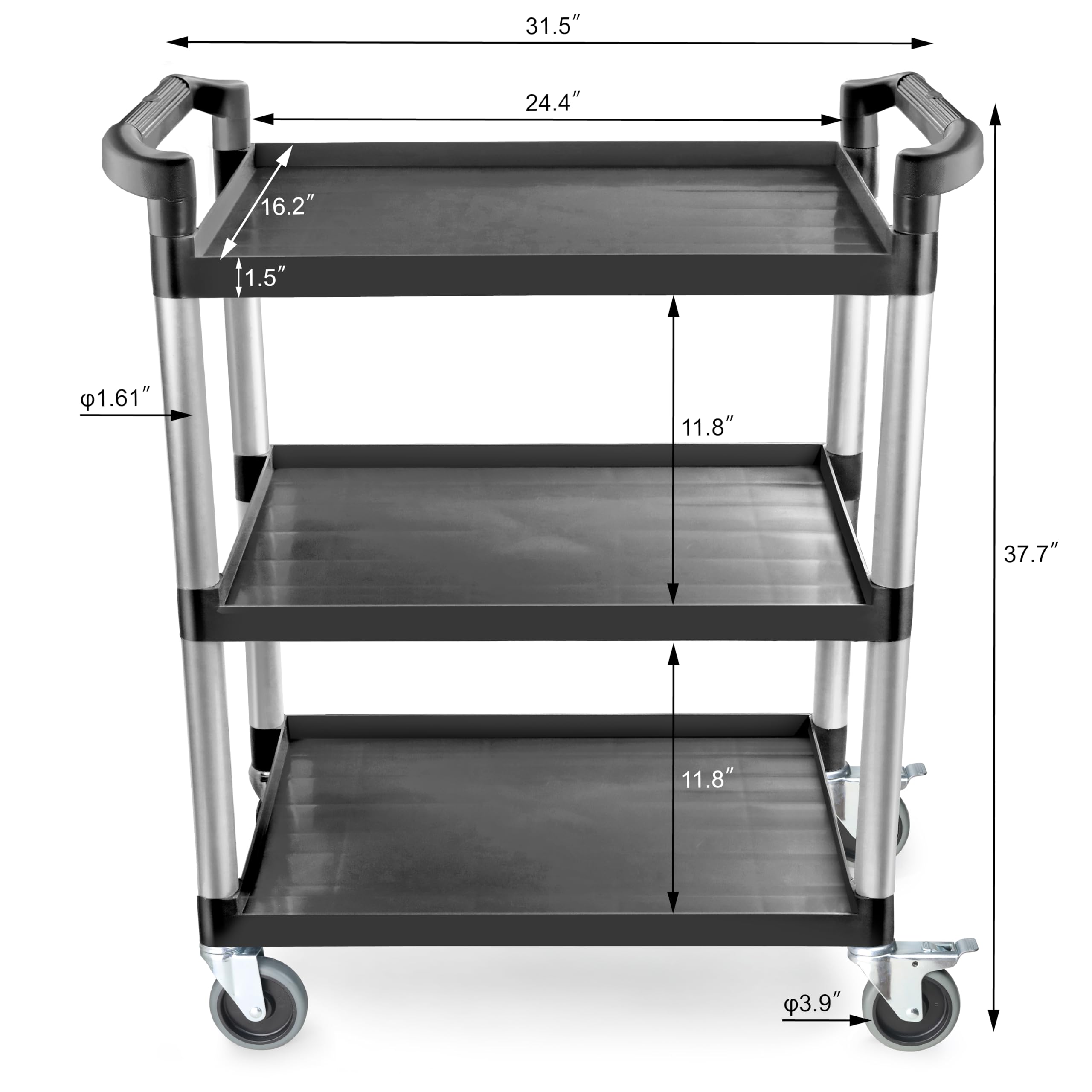 New Star Foodservice 54538 250-Pound Plastic 3-Tier Utility Bus Cart with Locking Casters, 32" x 16" x 38", Black