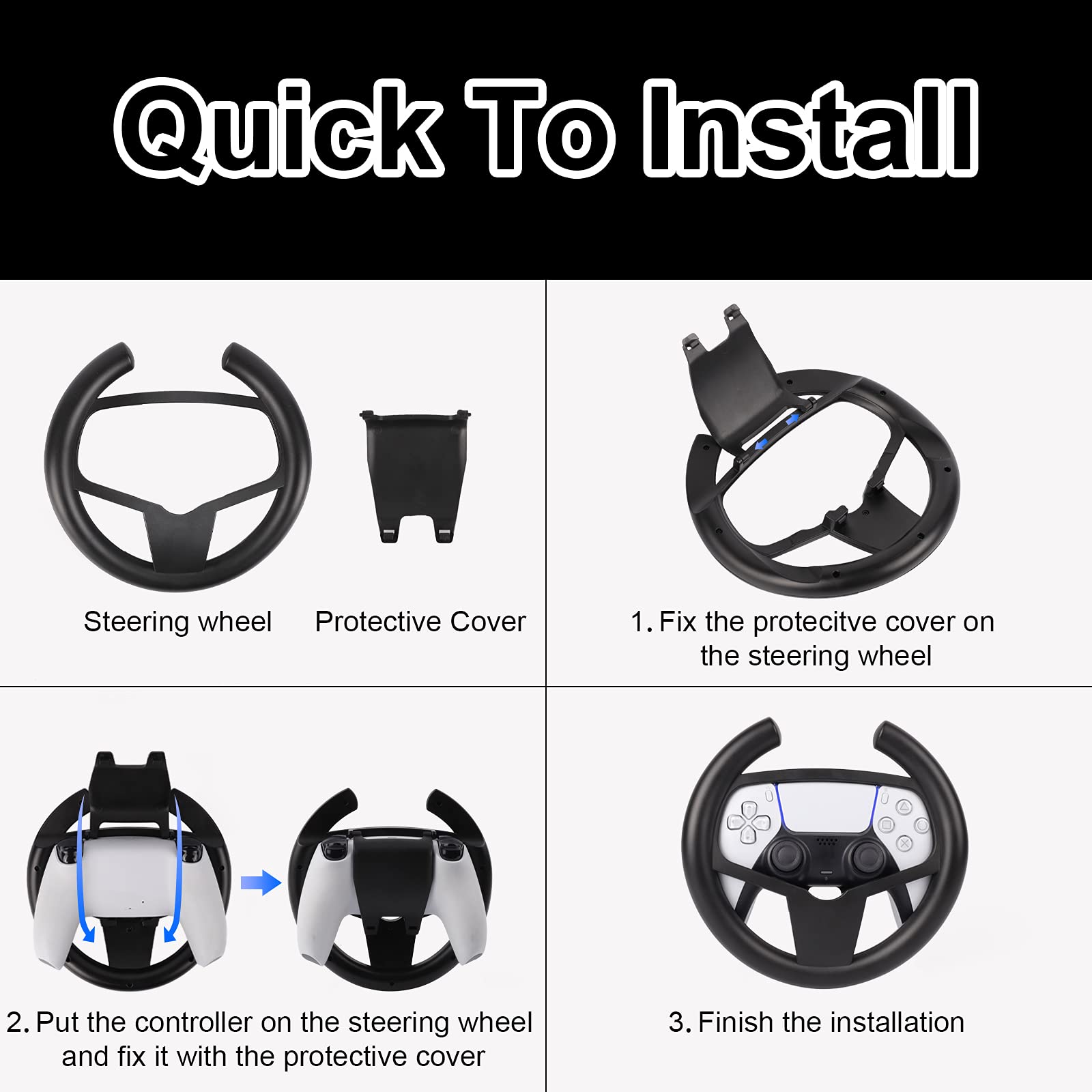 PowerLead PS5 Controller Steering Wheel, Game Steering Wheel, Playstation 5 Accessory, Works with PS5 Car Driving Video Game (Black)