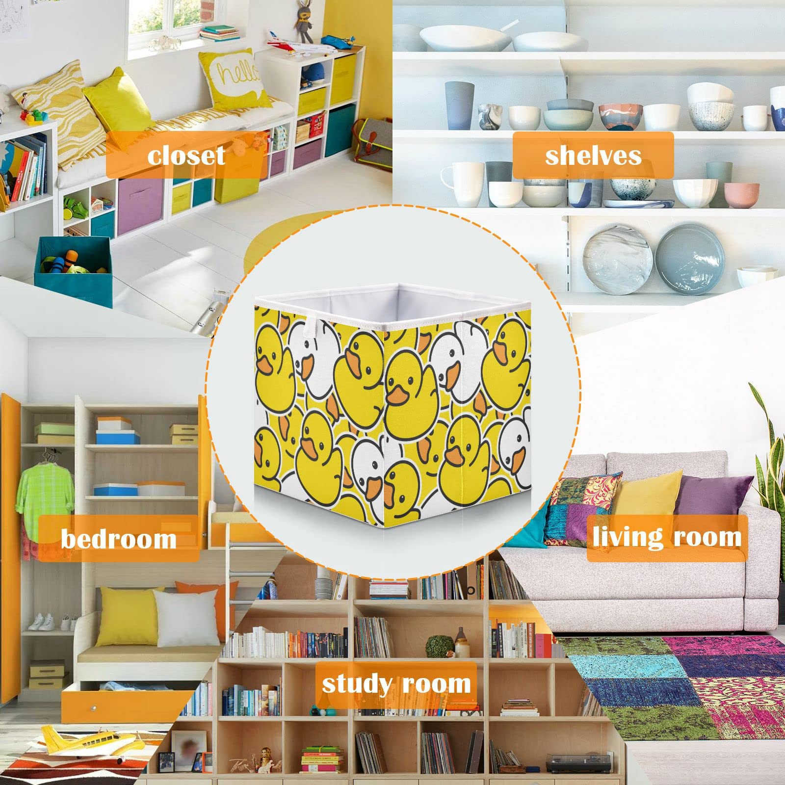 visesunny Square Storage Bins Duck Rubber Ducky Cartoon Storage Baskets Canvas Fabric Storage Boxes Foldable Nursery Basket for Clothes,Books,Toys,Shelves,Gifts
