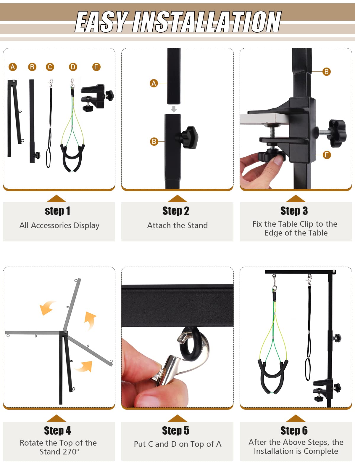 Kalolary Dog Grooming Arm, H-Shape Pet Grooming Table Arm with Clamp Loop Noose & No Sit Haunch Holder 35.5"~47.3" Width & 35.5" Height Adjustment Grooming Arm for Large Medium Small Dogs