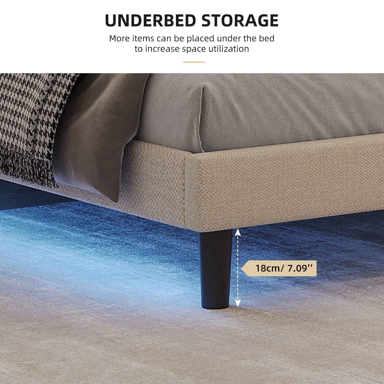 Kelfluxion Queen Size Upholstered Platform Bed Linen Bed Frame with Lights Square Stitched Adjustable Headboard Strong Bed Slats System No Box Spring Needed (Beige)