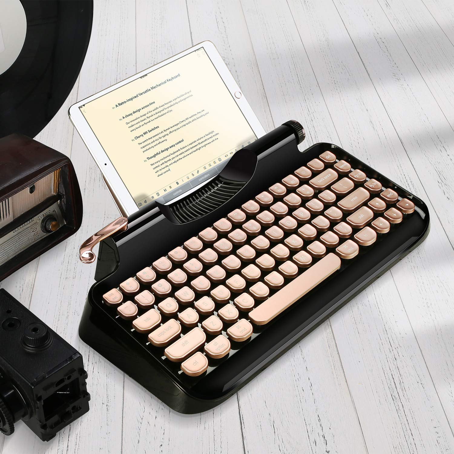 KNEWKEY RYMEK Typewriter Style Mechanical Wired & Wireless Keyboard with Tablet Stand, Bluetooth Connection(Black)