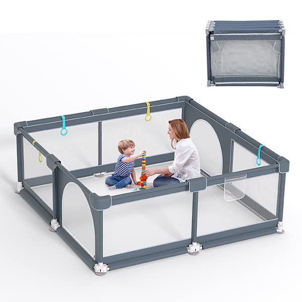 MARLBSIDE Foldable Playpen, Extra Large Baby Playpen, Packable & Portable Play Pens for Babies and Toddlers, Baby Play Yards with Breathable Mesh (Grey,71x71inch) HN-669