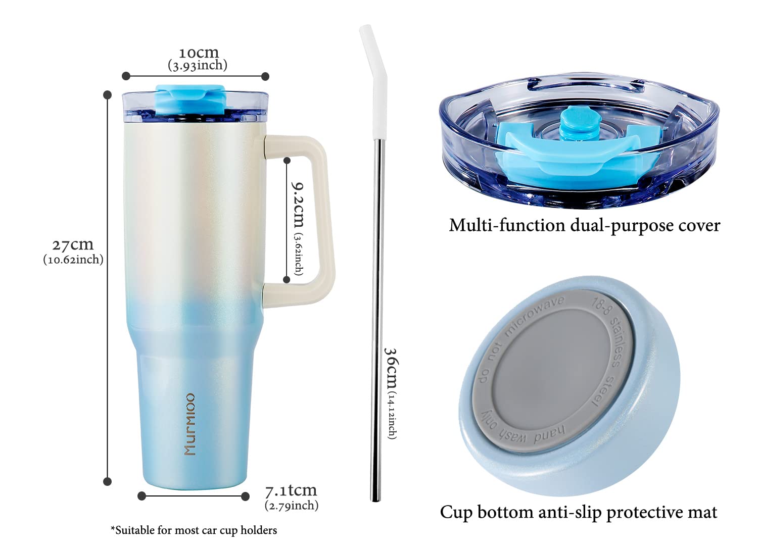 Murmioo 40OZ Tumbler with Handle and Straw,Insulated Leak Proof Double Walled Stainless Steel Travel Mug,Reusable Water Bottle Cup,keep Cold Ice,Hot water for Hours(Blue white gradient)