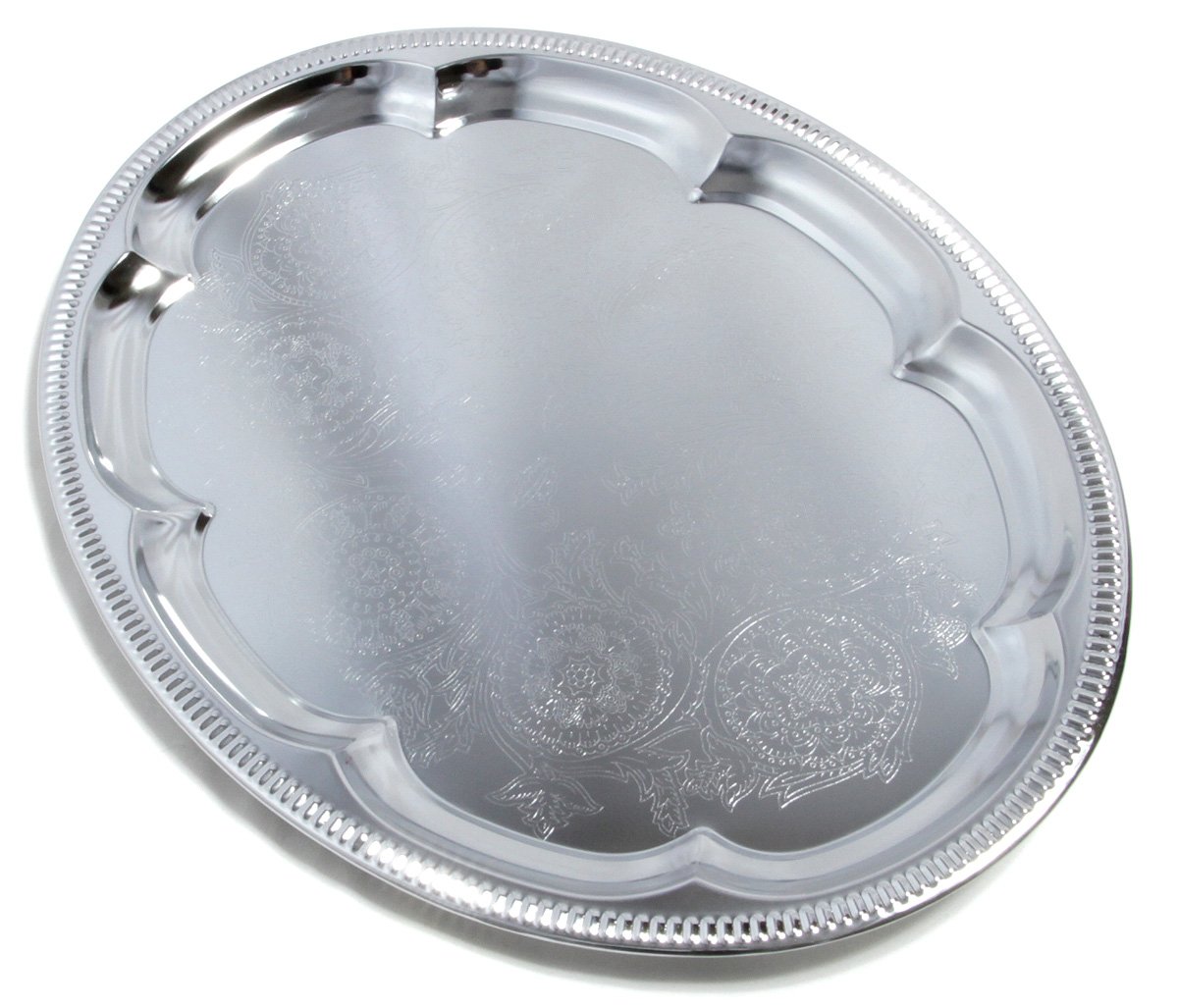 Maro Megastore (Pack of 4) 18.1 inch x 13.3 inch Traditional Oval Floral Pattern Engraved Catering Chrome Plated Serving Plate Mirror Tray Platter Metal Tableware Holiday Party Large T225-4PK