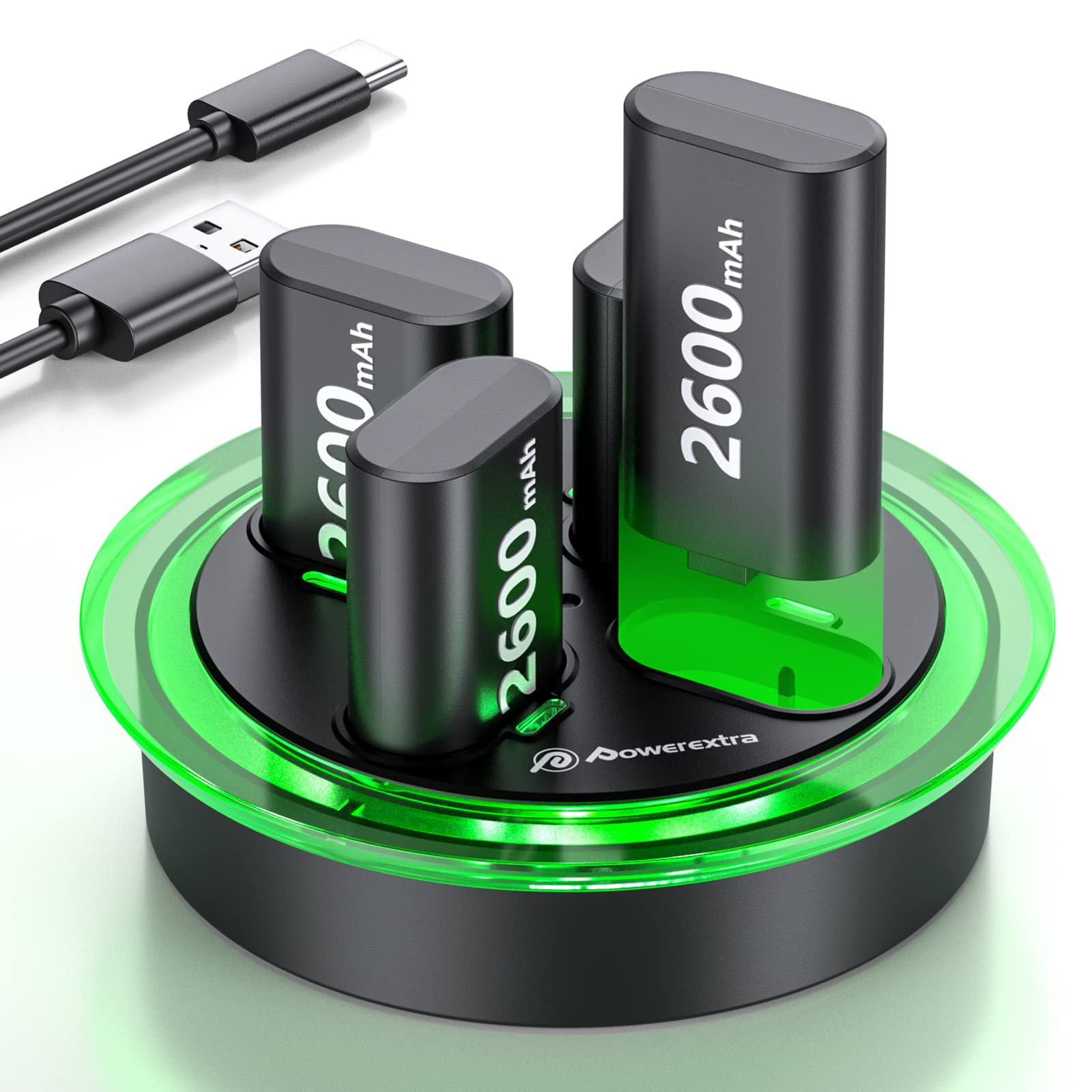 Powextra 4×2600mAh High Capacity Xbox Rechargeable Battery Pack with Charging Dock Fast Charger Station for Xbox Controller Battery Pack for Xbox One S/X, Xbox Series S/X Controller