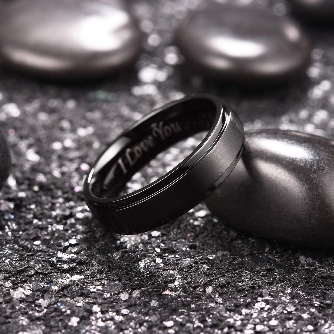 King Will Men 6mm Black Matte Brushed Stainless Steel Ring Stepped Beveled Edge Laser Etched I Love You 8
