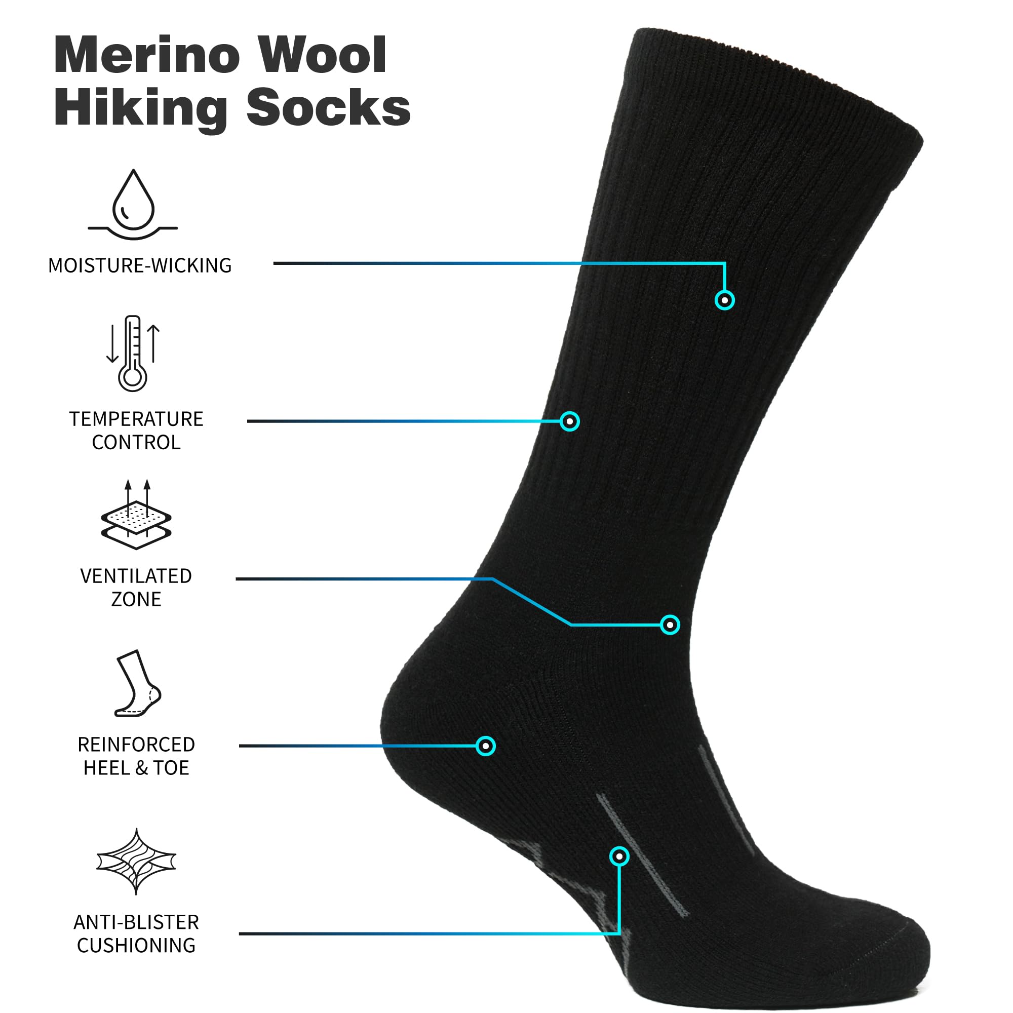 Merino.tech Merino Wool Socks for Women And Men - Merino Wool Hiking Socks Crew Style (Blue Black Pack of 2, 4-8)