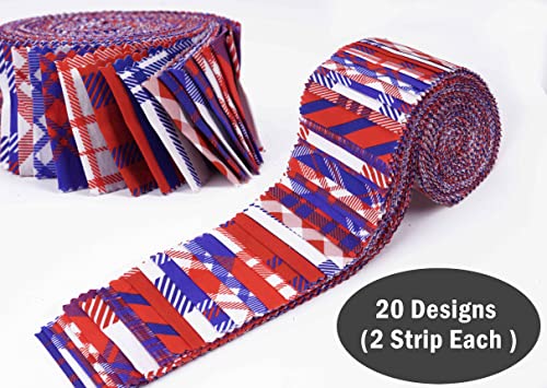 Soimoi 40Pcs Check & Tartan Print Cotton Precut Fabrics for Quilting Craft Strips 2.5x42inches Jelly Roll - Red, Blue & White