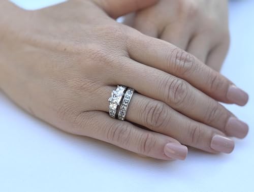 Lanyjewelry Three Stone 6mm Princess CZ Stainless Steel Wedding Ring Set- Size 7