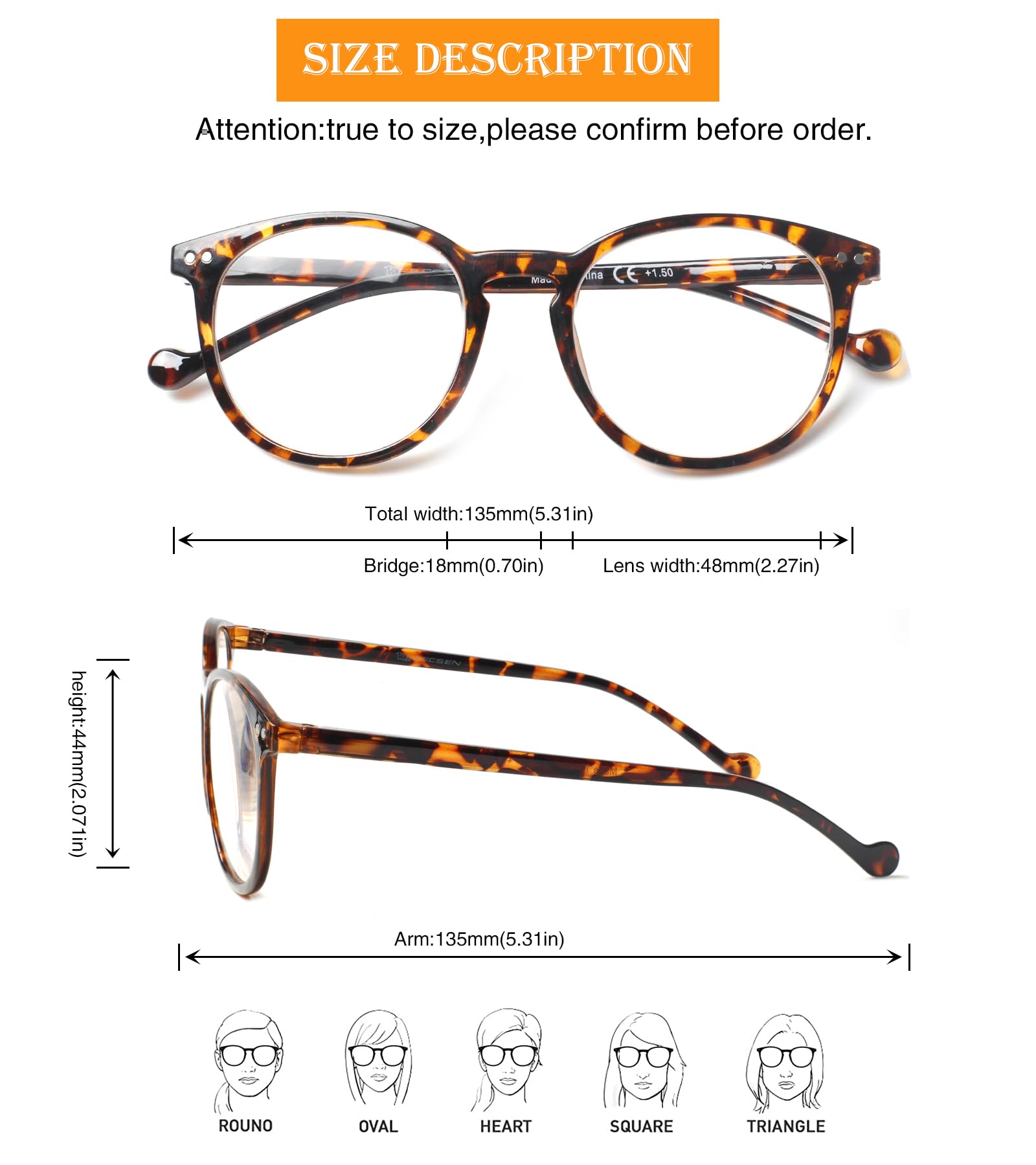 Kerecsen 5 Pack Reading Glasses for Women and Men Large Frame Round Readers Spring Hinges (5 Pack Mix Color, 2.25)
